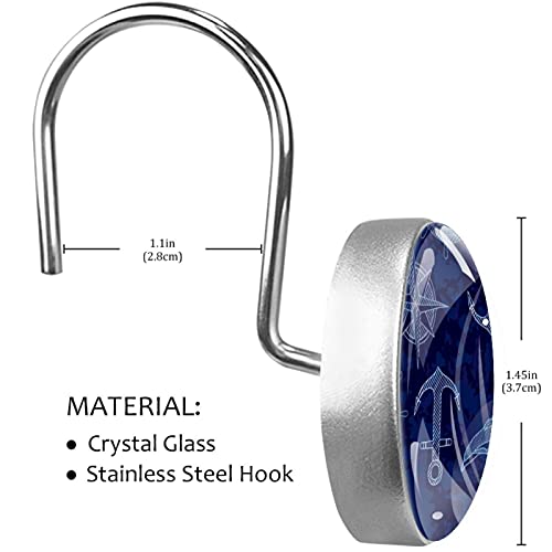 Anchor Pattern Shower Curtain Decorative Hooks Rings, Crystal GlassStainless Steel Round Shower Curtain Rings and Hooks for Bathroom Shower Rods Curtains 12 pcs