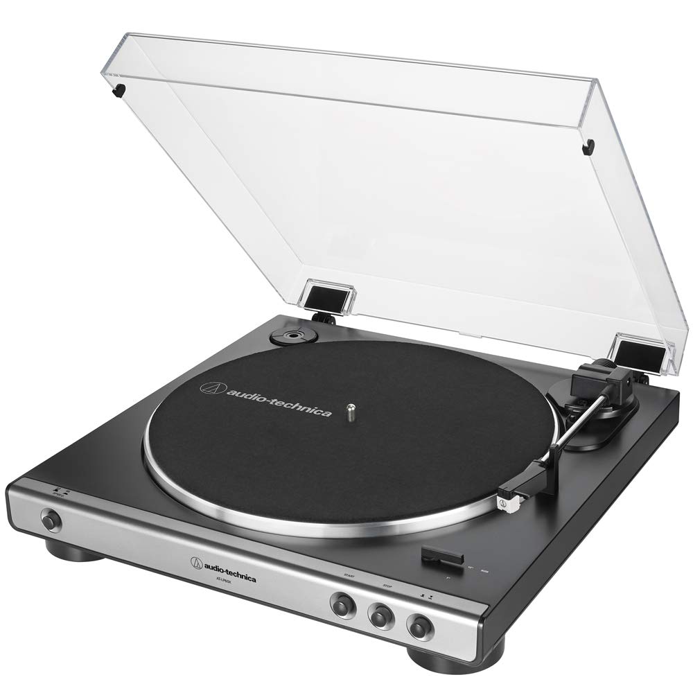 Audio-Technica AT-LP60X-GM Fully Automatic Belt-Drive Turntable 33-1/3 & 45 RPM Gunmetal Black with Essentials Bundle Includes Protective Turntable Platter and Vinyl Record Cleaning System