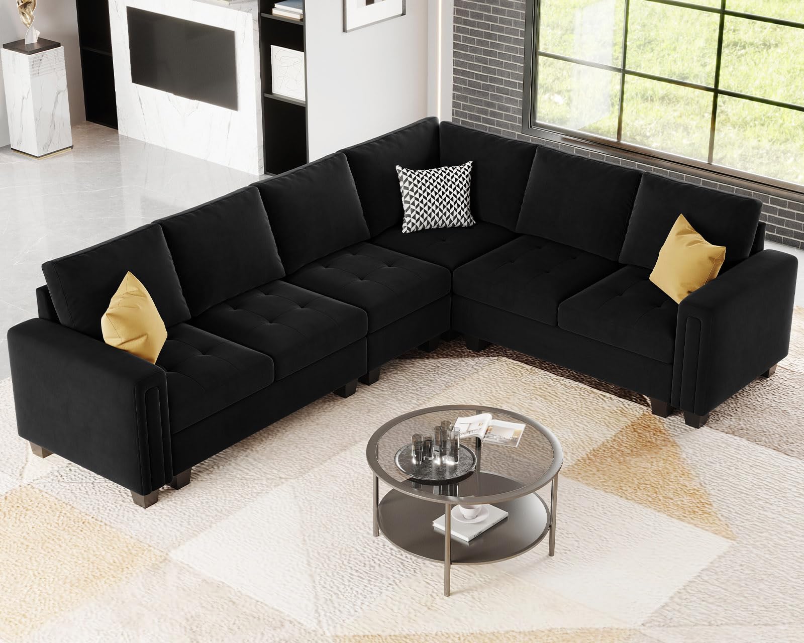 Belffin Velvet Modular L Shape Sectional Sofa Couch with Chaise Reversible Corner Convertible Sectional Sofa Couch Black