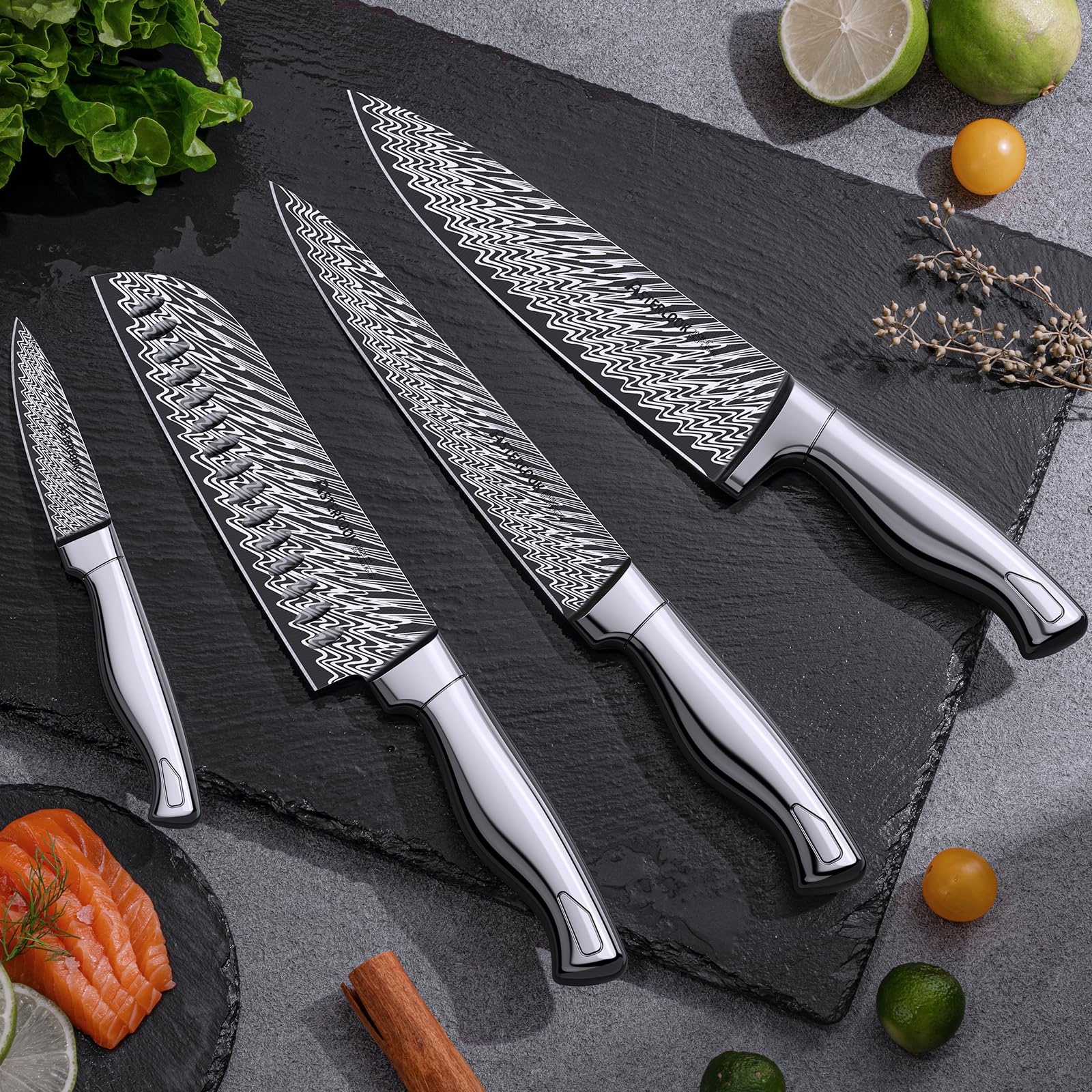 Astercook Knife Set, 20 Pieces Damascus Kitchen Knife Set with Block, Built-in Knife Sharpener, German Stainless Steel Knife Block Set, Dishwasher Safe