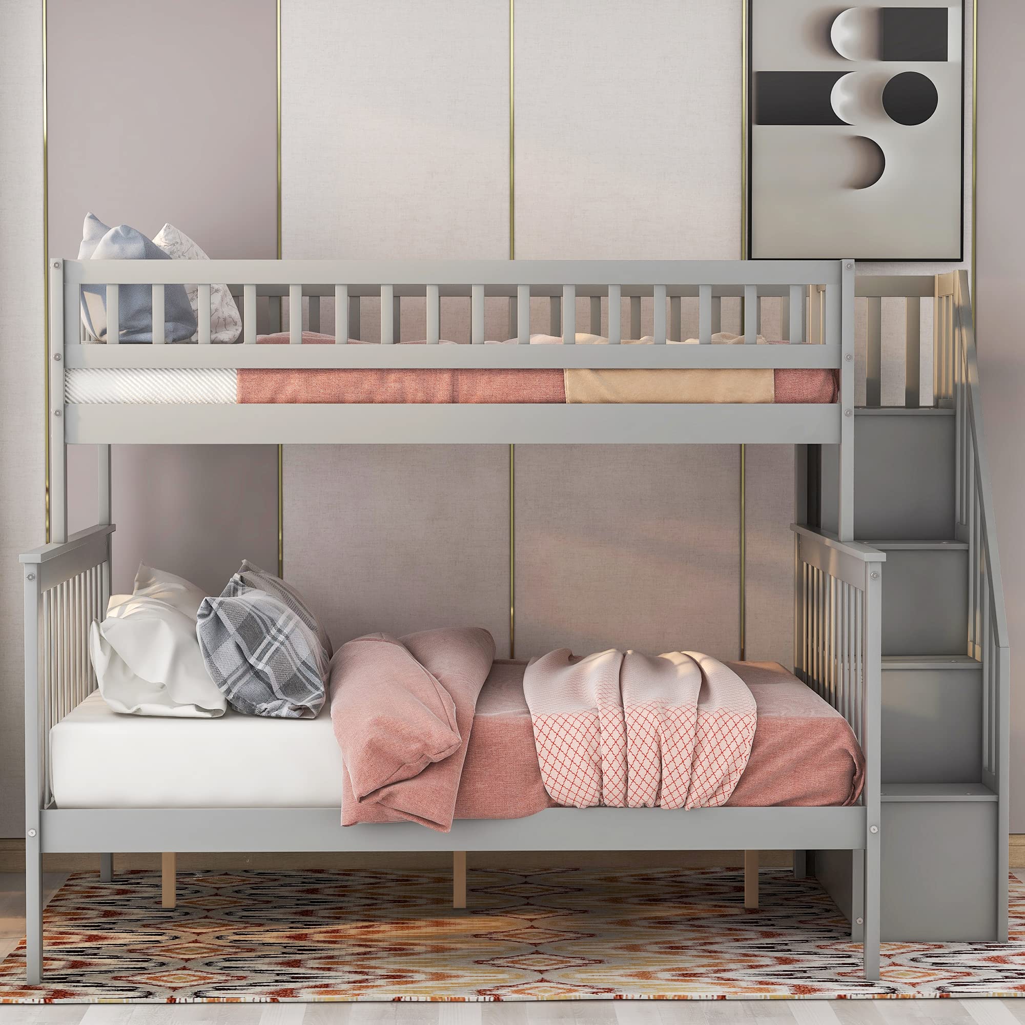 Polibi Twin Over Full Stairway Bunk Bed, Solid Wood Bunk Bed with Storage Shelves, No Spring Box Needed, Grey