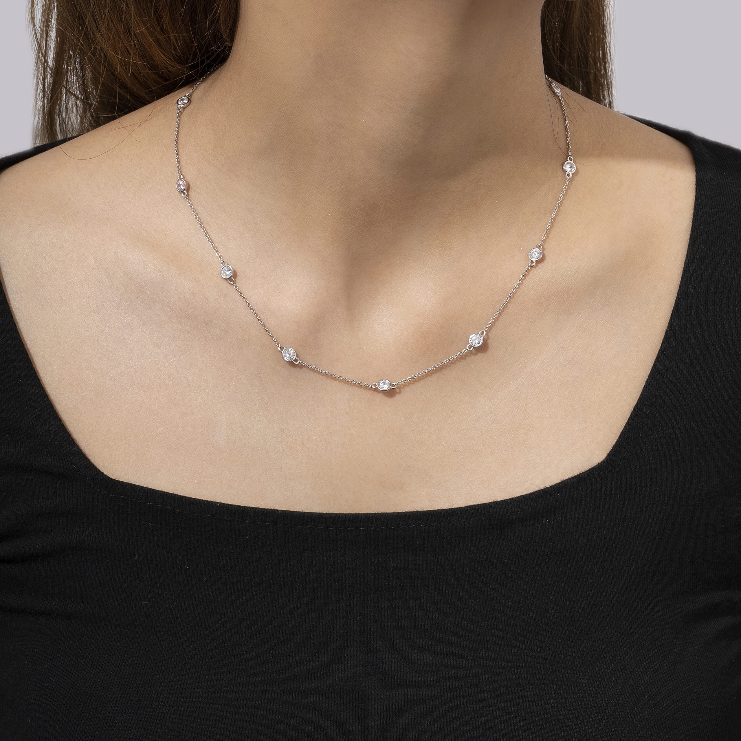 Amazon Essentials Platinum Plated Sterling Silver Station Necklace set with Infinite Elements Cubic Zirconia (4mm), 18" (previously Amazon Collection)