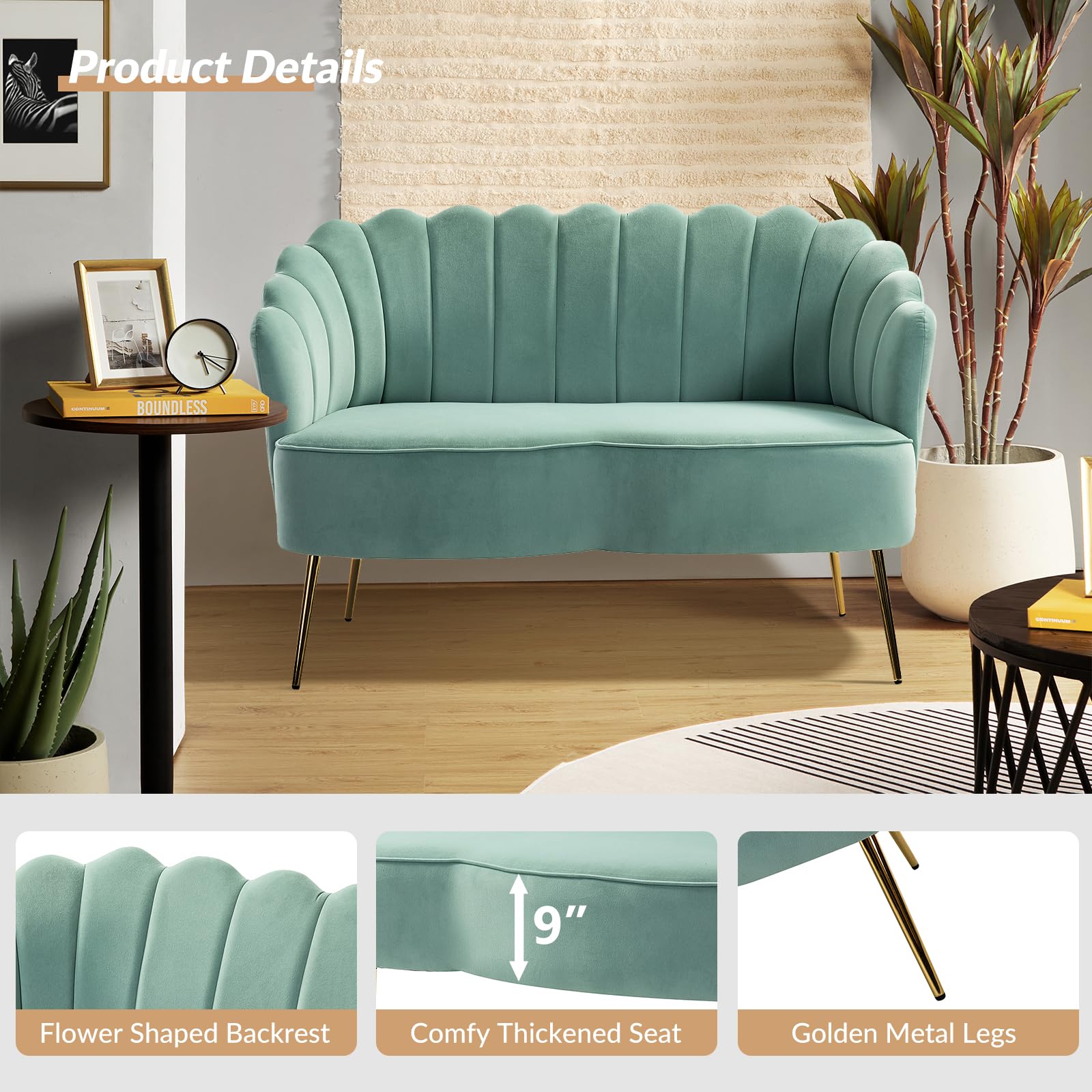 HULALA HOME Modern Velvet Loveseat Sofa with Flower Shaped Back, Comfy Upholstered 2-Seater Sofa with Gold Metal Legs, Small Love Seat Accent Couch for Living Bedroom Leisure Areas, Sage