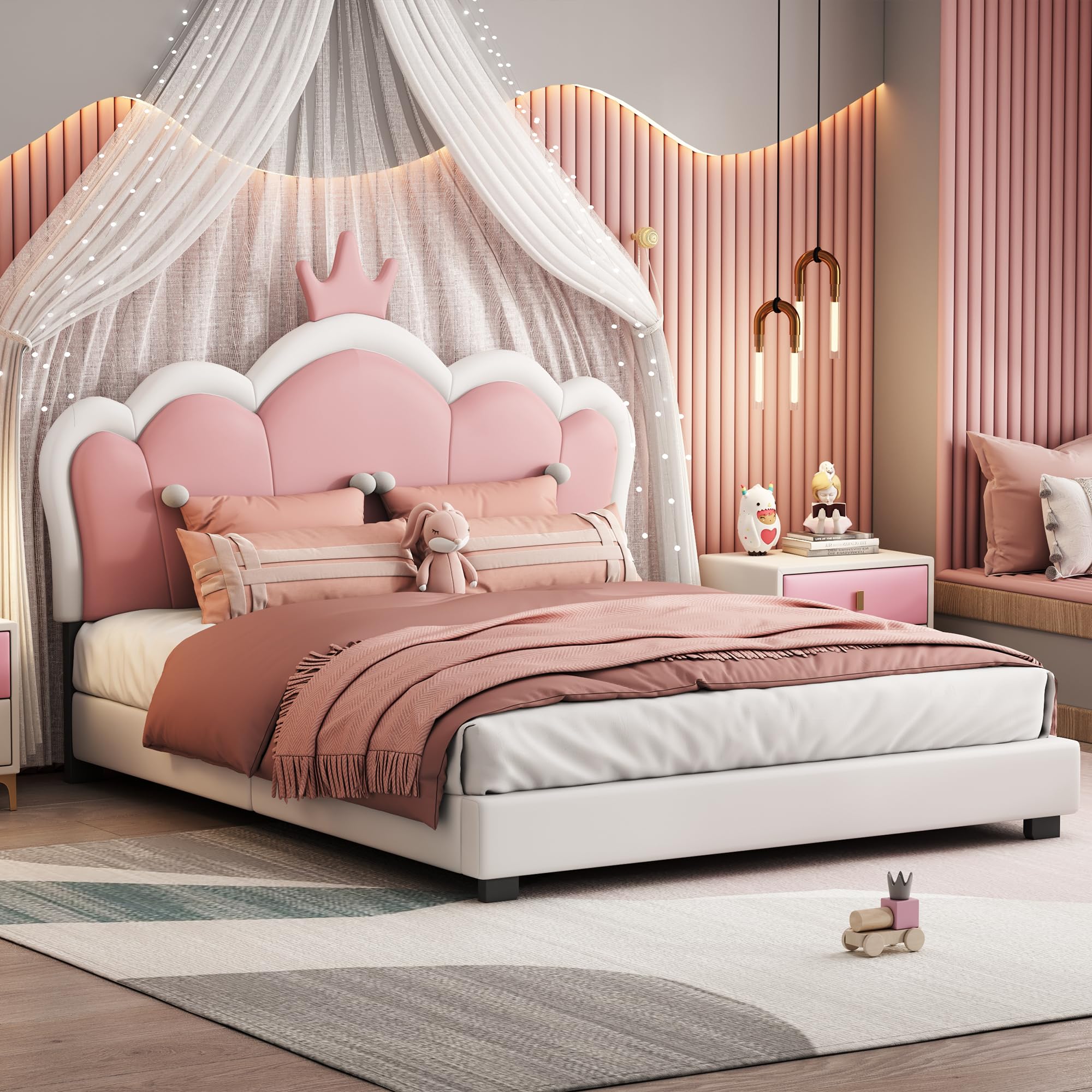 Bellemave Full Size Princess Bed Frame with Crown Headboard, PU Upholstered Princess Full Bed for Girls,Kids Twin Platform Bed,(Full,White)