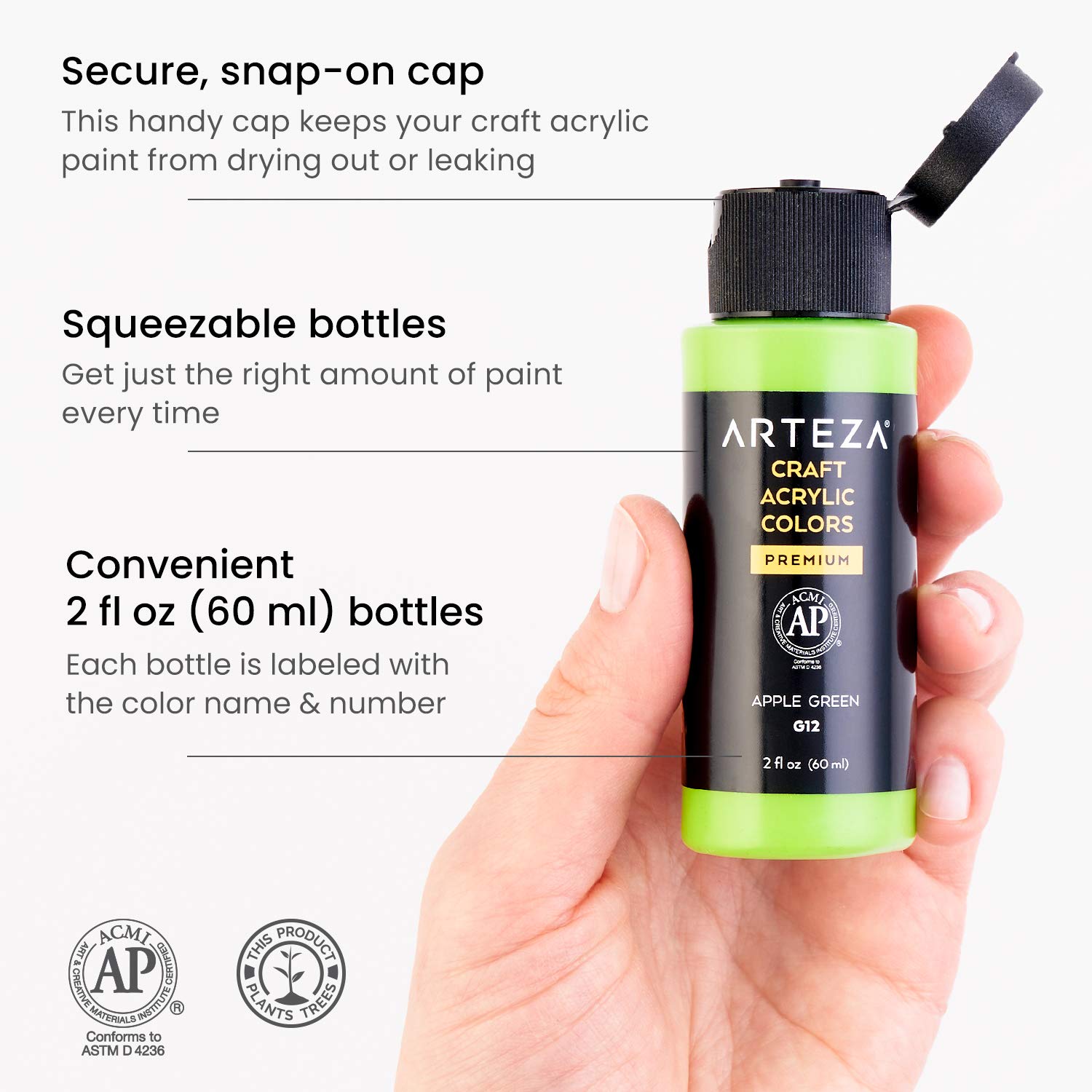 ARTEZA Craft Acrylic Paint, 2 ounce Bottles, Water-Based, Matte Finish Paints, Art Supplies for Glass, Wood, Ceramics, Fabrics, Leather, Paper
