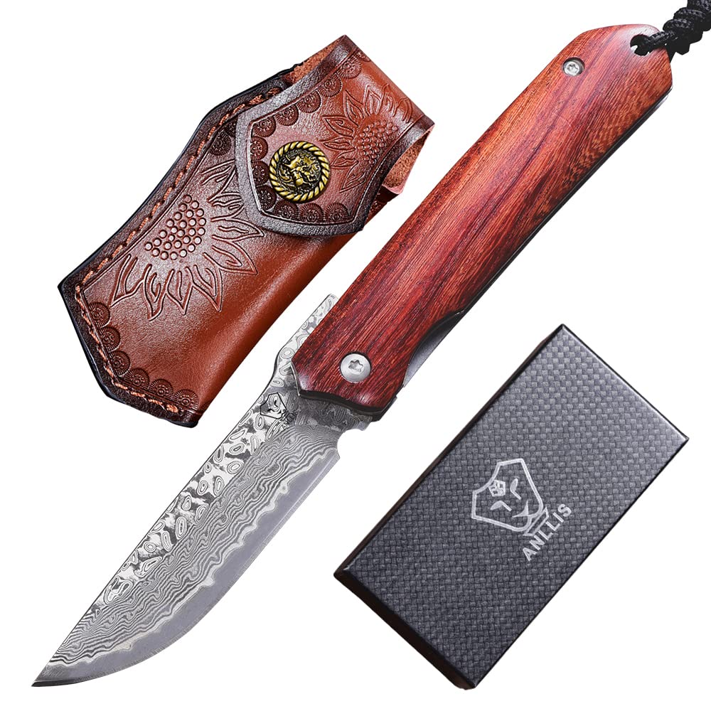 ANLLIS,V29 -aDamascus Steel pocket knife, Hand forged Damascus folding knife, wooden handle outdoor camping and mountaineering multipurpose folding knife, safe lock with scabbard gift knife (RED)