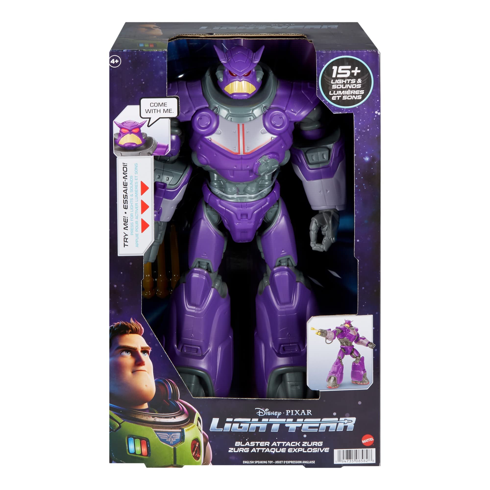 Mattel Disney Pixar Lightyear Action Figure, Blaster Attack Zurg with Lights, Sounds, Blaster & 3 Projectiles, 12-inch Scale
