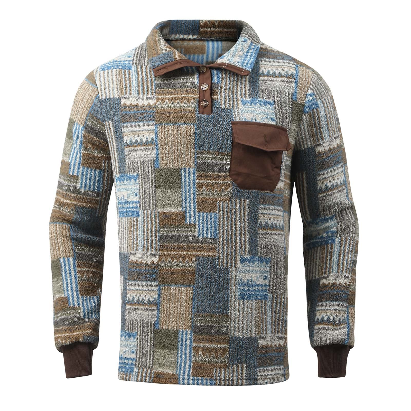 Askelly Men's Tribal Aztec Printed 1/4 Zip Fuzzy Sherpa Pullover Sweatshirts Hoodies B-c-khaki X-Large