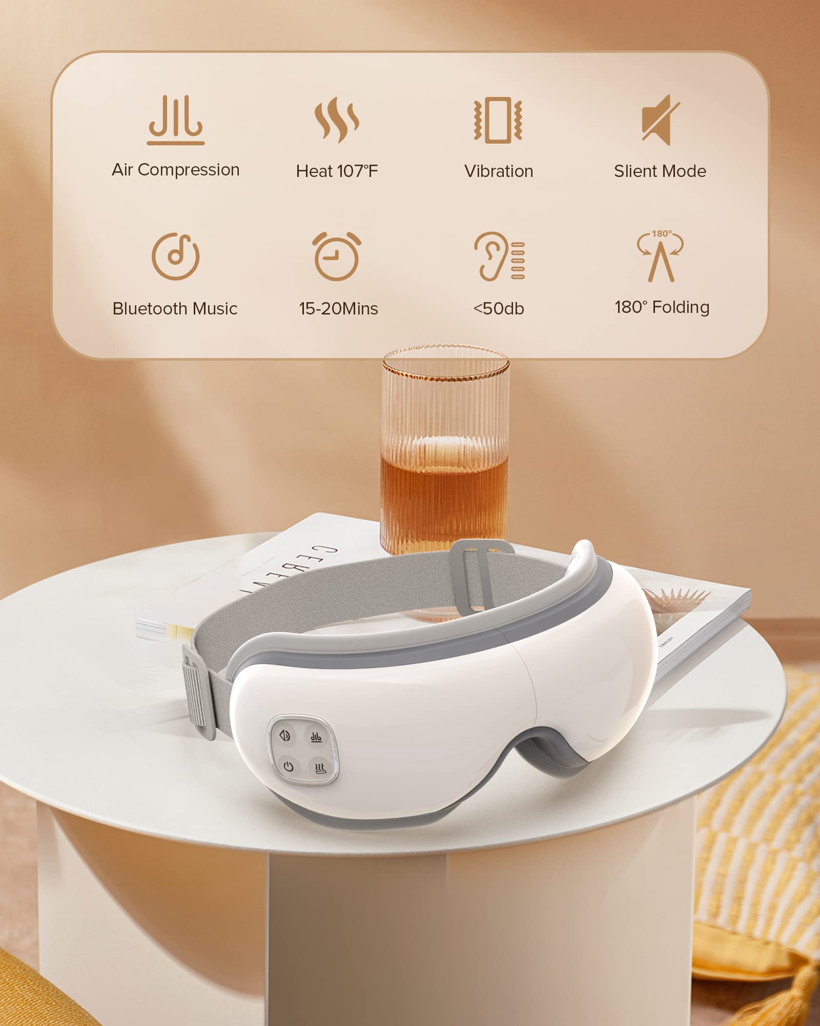 Asnaghi Heated Eye Massager, Mother's Day Gift Birthday Gift Bluetooth Music Heated Eye Mask Massager for Migraines (White)