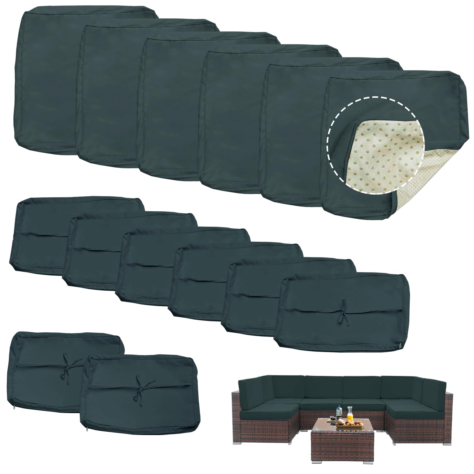 Bextile 14 Piece Outdoor Patio Cushion Covers Replacement, Outdoor Cushion Slipcovers, Water-Resistant Patio Furniture Cushion Covers with Zipper (Dark Grey)