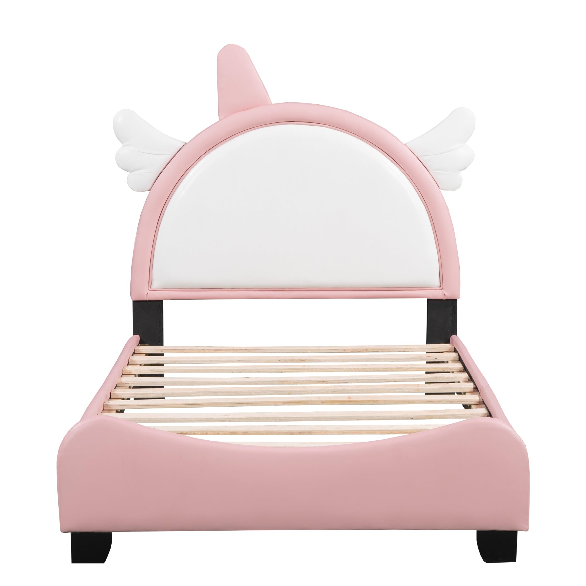 Bellemave Twin Size Princess Bed Frame with Unicorn Shape Headboard,PU Upholstered Princess Twin Bed for Girls,Kids Twin Platform Bed(Twin,Pink)