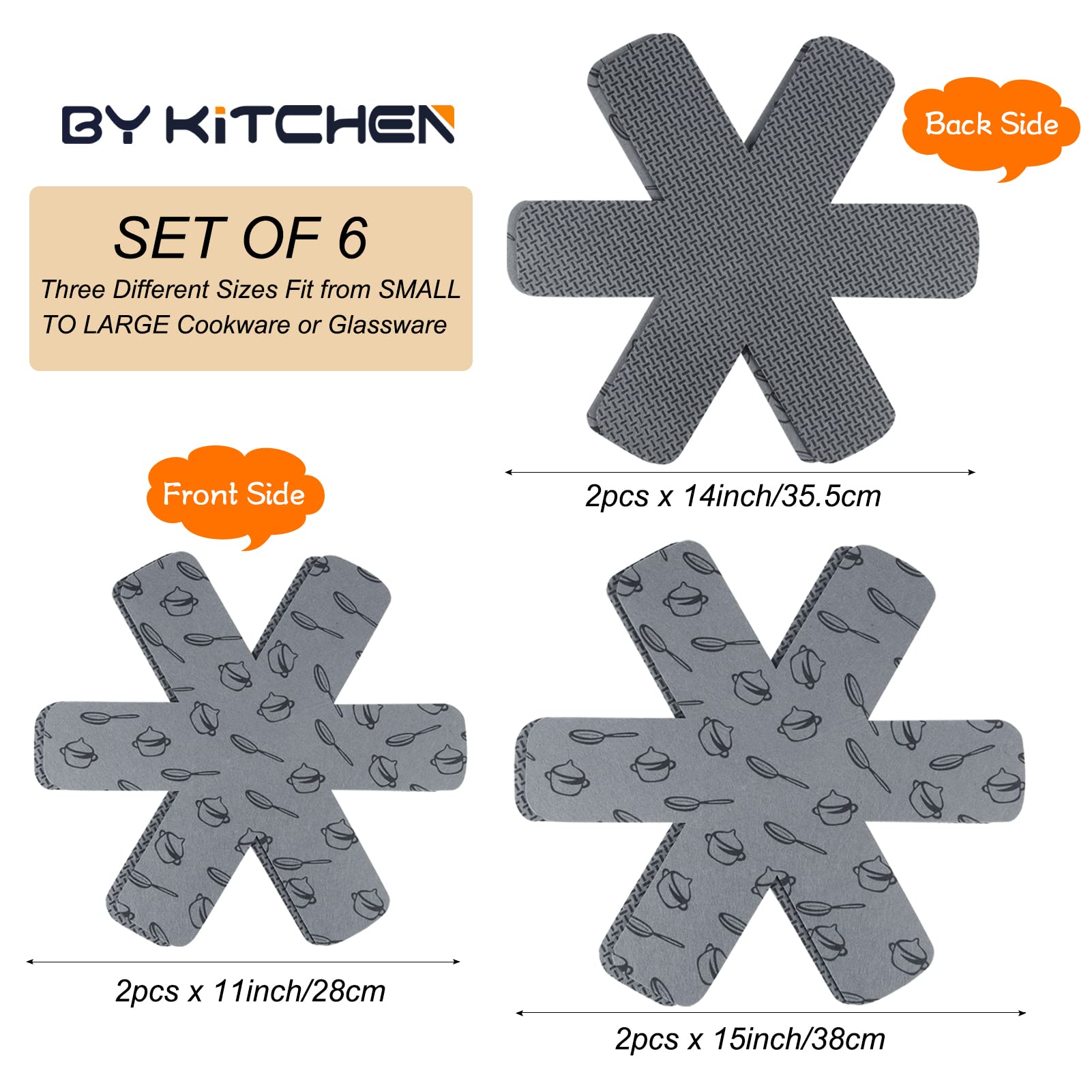 BYKITCHEN Pot and Pan Protectors, Pan Dividers Protectors, Set of 6 & 3 Different Sizes, Felt Pan Separators for Stacking and Protecting Your Cookware