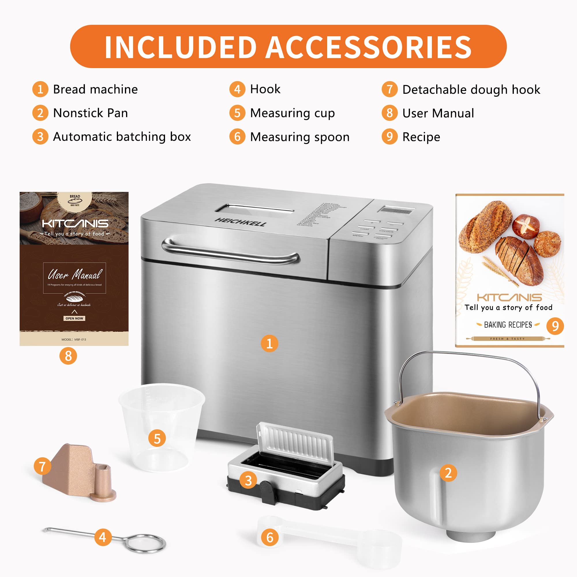 Bread Maker Machine KITCANIS, 2.2LB Stainless Steel Bread Machine, 15H Timer&1H Keep Warm, Sourdough, Gluten-Free, Dough Maker, Bread Making Machine with Nonstick Pan, Recipes, 650W