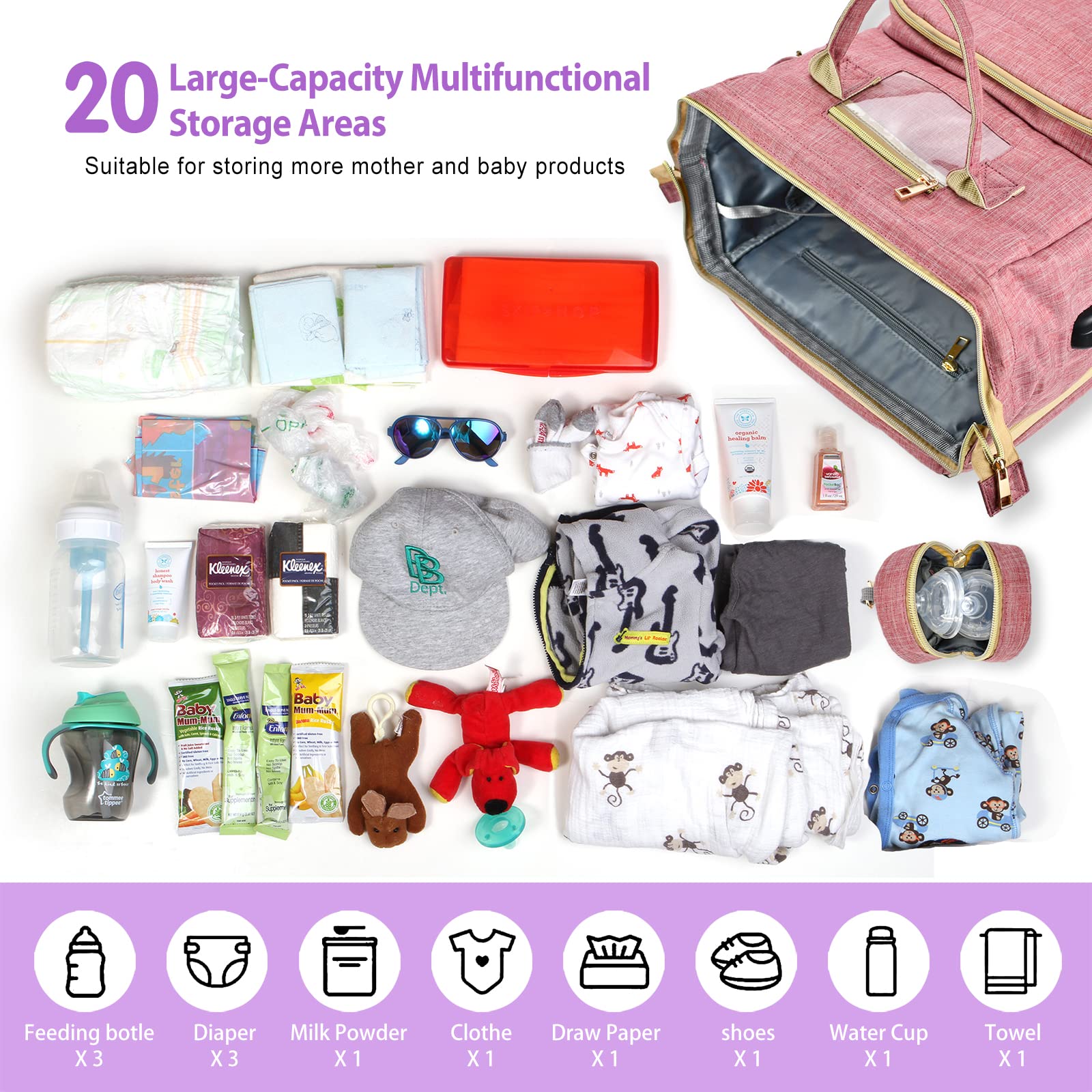 BEYAHELA Diaper Bag Backpack Baby Bag, Waterproof Large Multifunctional-Organizer Bag Baby Essentials Mommy Bag USB Port (Pink)