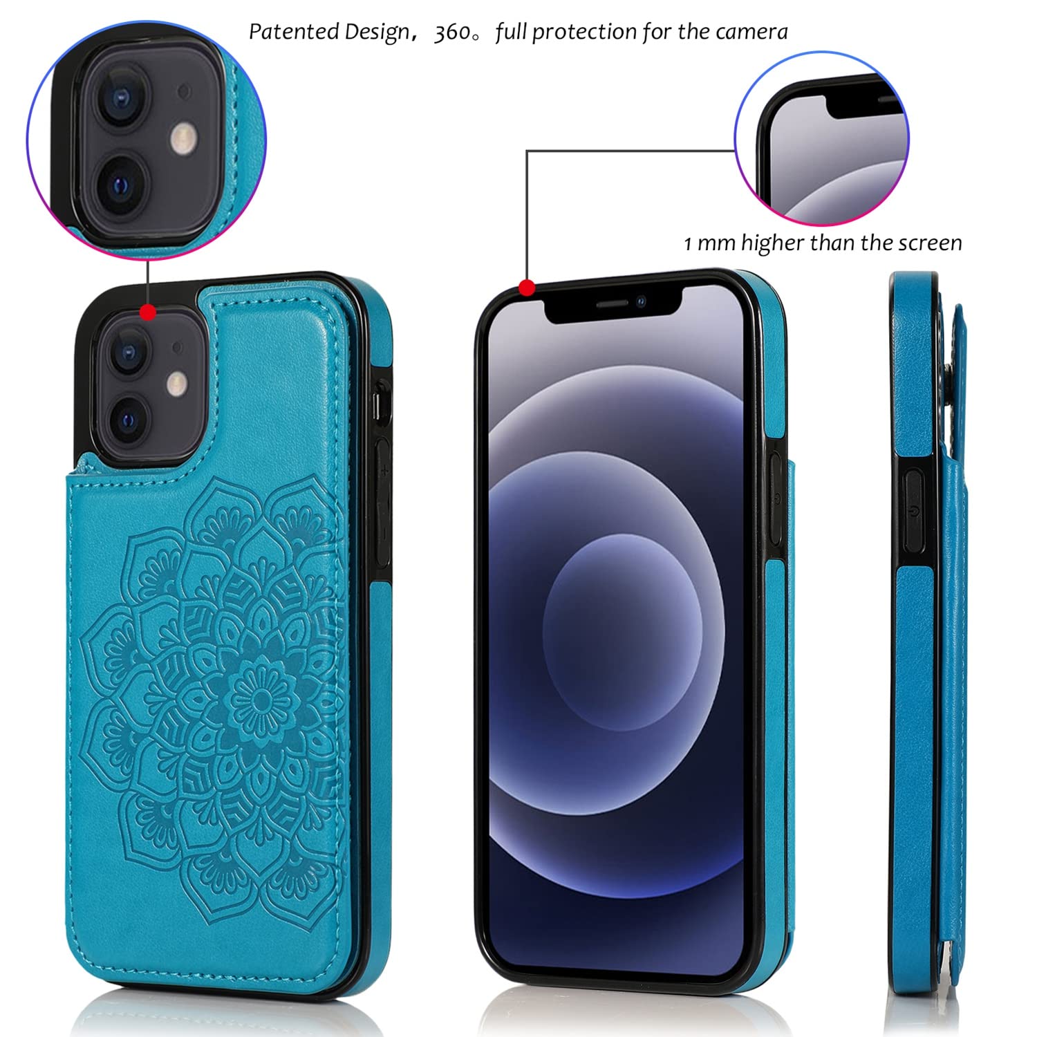 Anyisposs Compatible with iPhone 12 Pro iPhone 12 Wallet Case 6.1 Tempered Glass Screen Protector Card Holder Slots Kickstand Cover Flip Leather Phone Cases for iPhone12pro 5G 12s iPhone12 12pro Blue