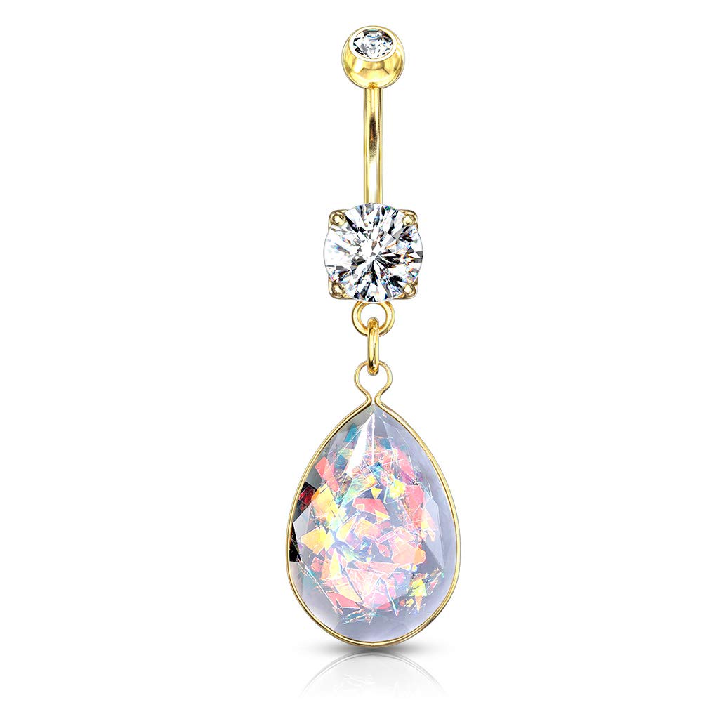 Amelia Fashion 14GA Rainbow Glitter Opalite Stone Dangle Belly Button/Navel Ring 316L Surgical Steel (Choose Color) (Gold/Clear)