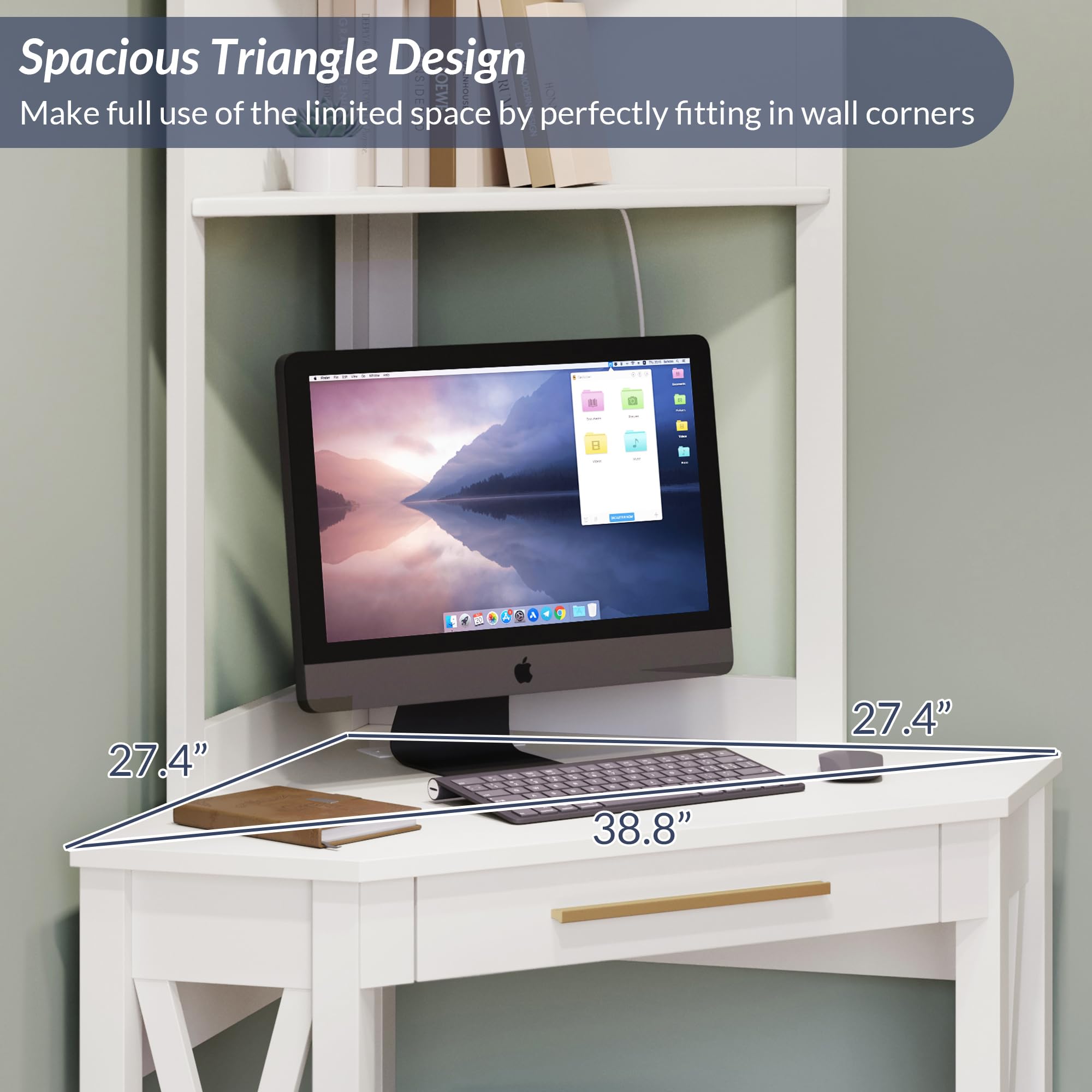 BELLEZE Corner Desk with Hutch, Compact Home Office Desk with Display Shelf and Drawer, Space Saving Writing Desk with Charge Outlets and LED Lights for Living Room, Bedroom - Tate (White)