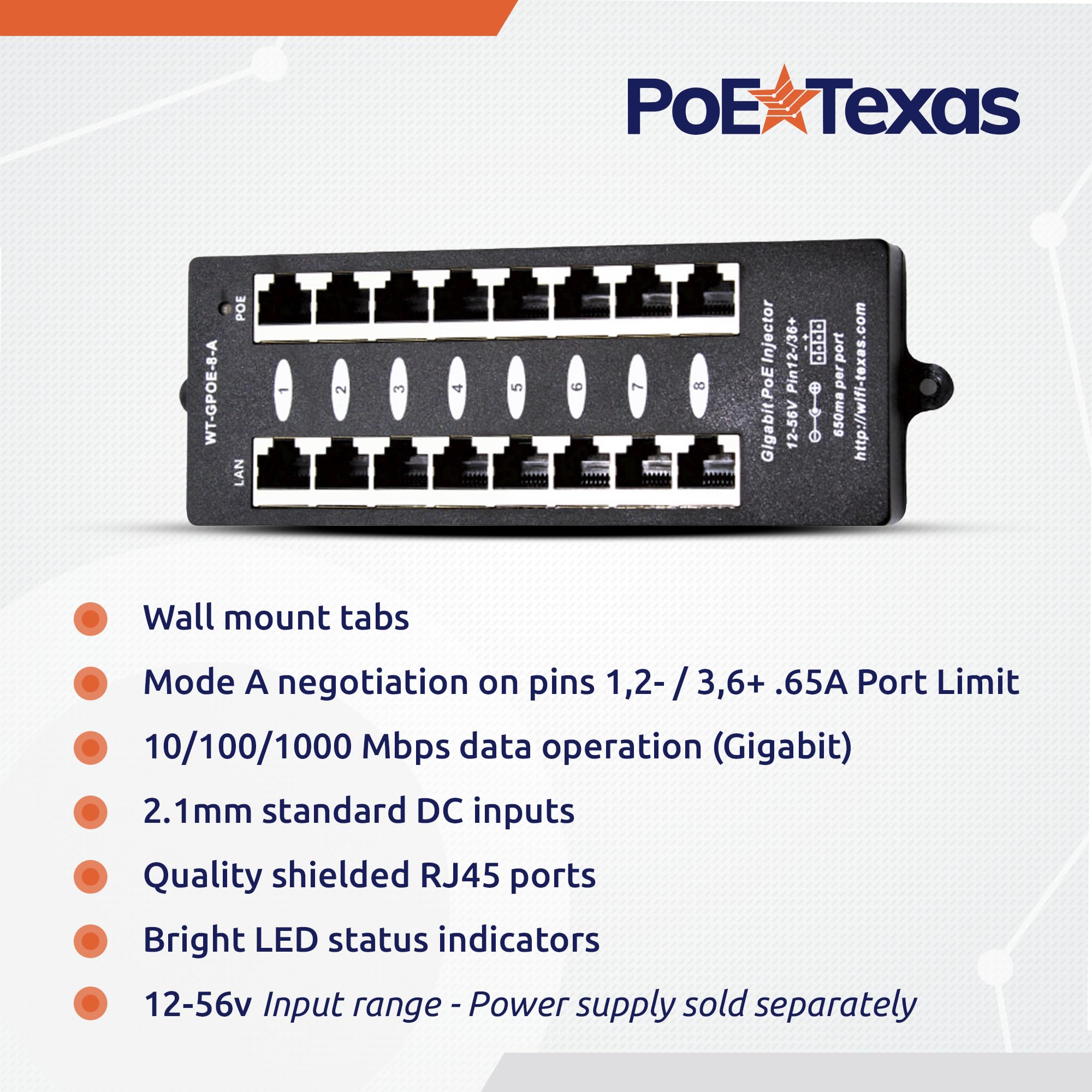 PoE Texas 8 Port PoE Injector - Gigabit Passive Power Over Ethernet Midspan - Front Wall Mount Solution for Security Cameras, IP Phones, WiFi APs - Add PoE to Non-PoE Switch (Without Power Supply)