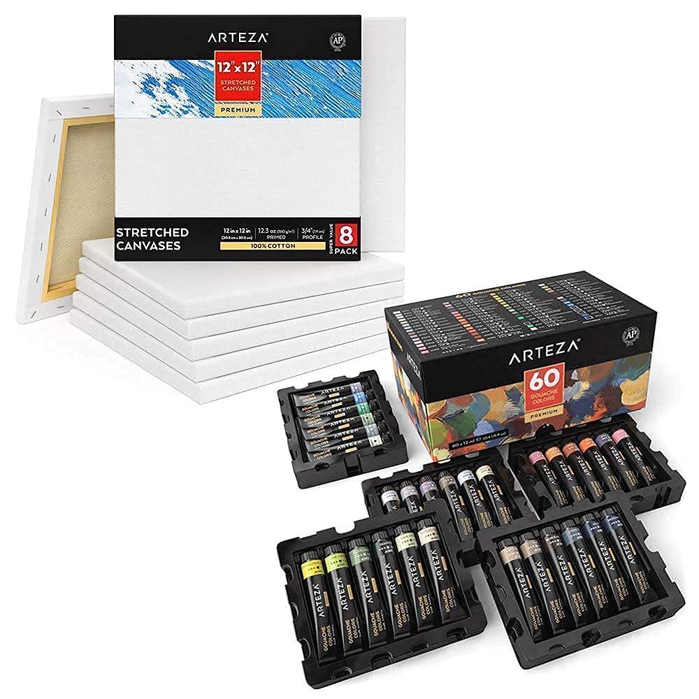 Arteza Gouache Paint and Stretched Canvas Bundle, Painting Art Supplies for Artist, Hobby Painters & Beginners