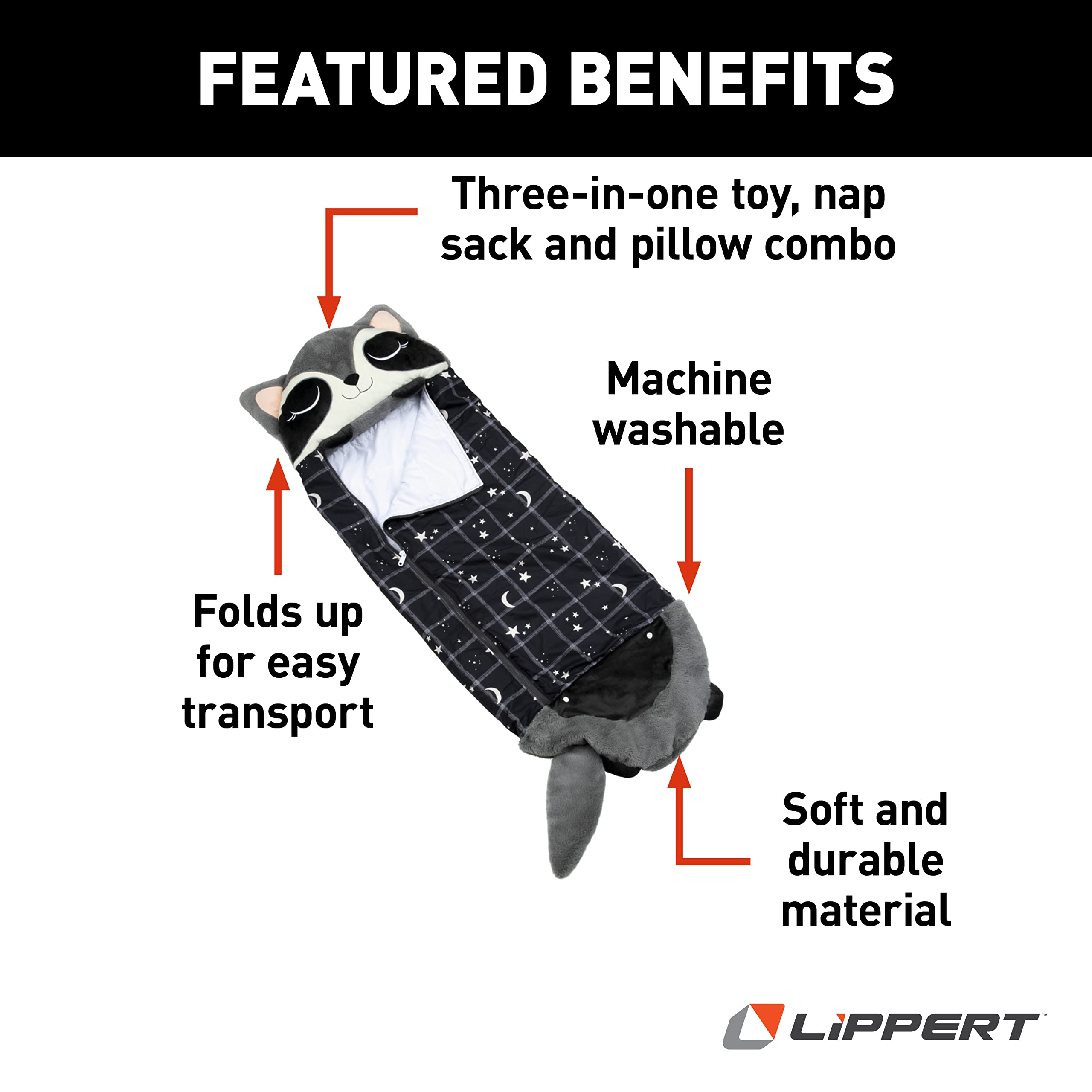 Lippert Thomas Payne Three-in-One Children’s Raccoon Nap Sack for Camping and Sleepovers with Durable Material, Fold-Up Design, Machine Washable, Dryer Safe - 2022107841 Grey
