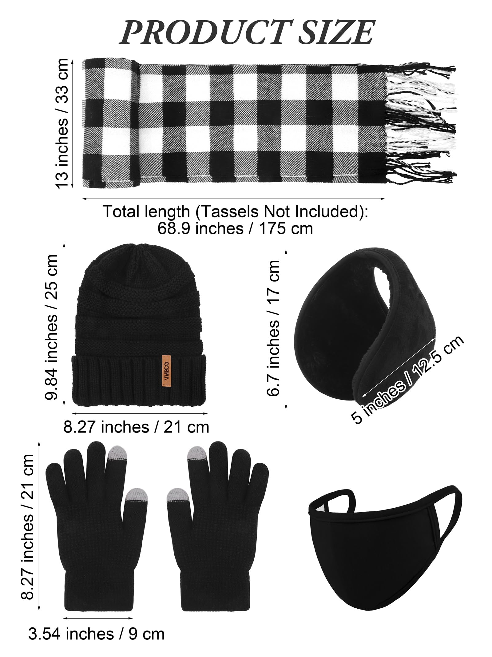 Aneco Winter Warm Sets Buffalo Plaid Scarf Knitted Beanie Hat Gloves Earloop Warm Cover for Men and Women