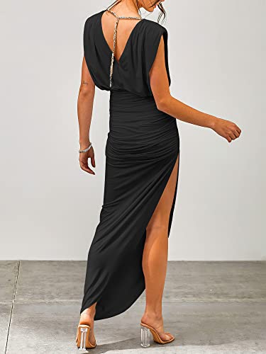 ANRABESS Women 2023 Summer Sleeveless Ruch Bodycon High Waist Asymmetric Slit Cocktail Maxi Dress Black Medium