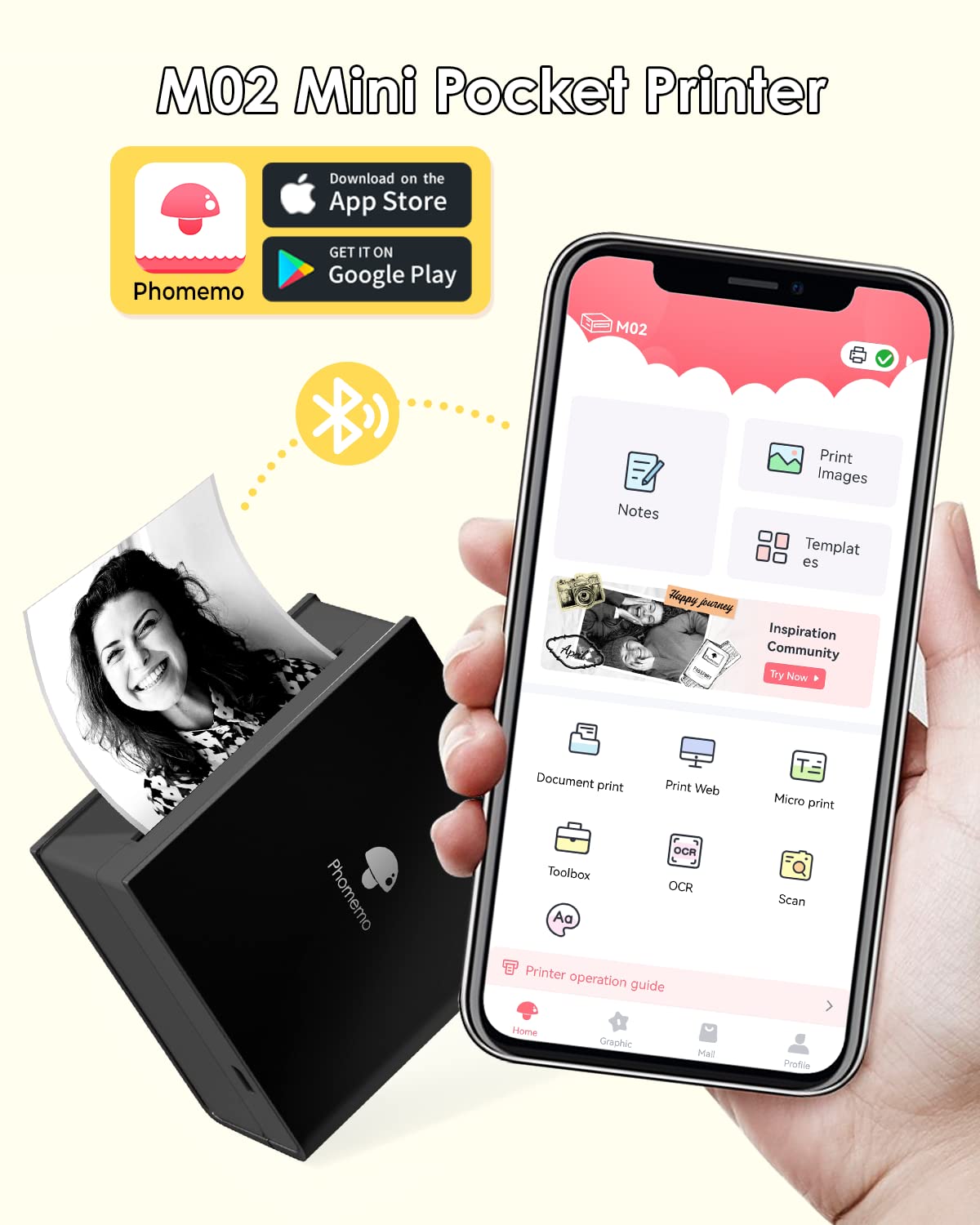 Memoqueen Mini Sticker Printer - M02 Wireless Pocket Printer, Compatible with iOS & Android, Photo Printer for Phone, for Fun Christmas Sticker, DIY Journal, New Year Gift, Black