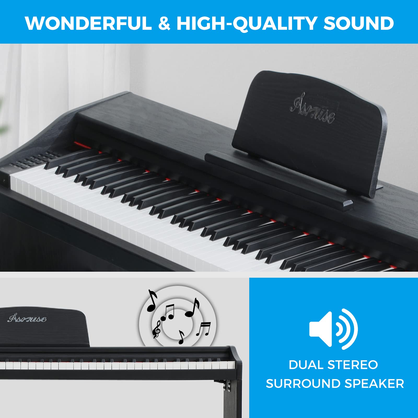 Asmuse 88 Key Digital Piano, Full Size Semi Weighted Electric Piano Keyboard With Furniture Stand/Triple Pedals/Power Supply