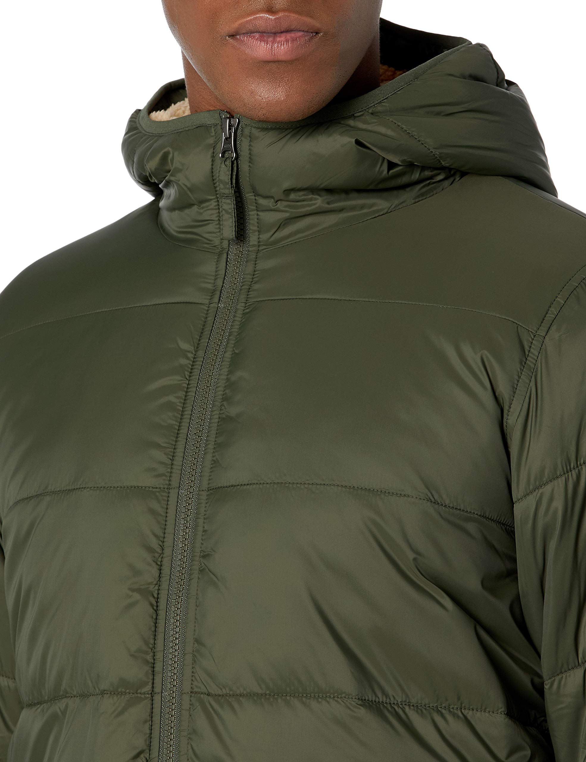Amazon Essentials Men's Long-Sleeve Water-Resistant Sherpa-Lined Puffer Jacket, Dark Olive, Medium
