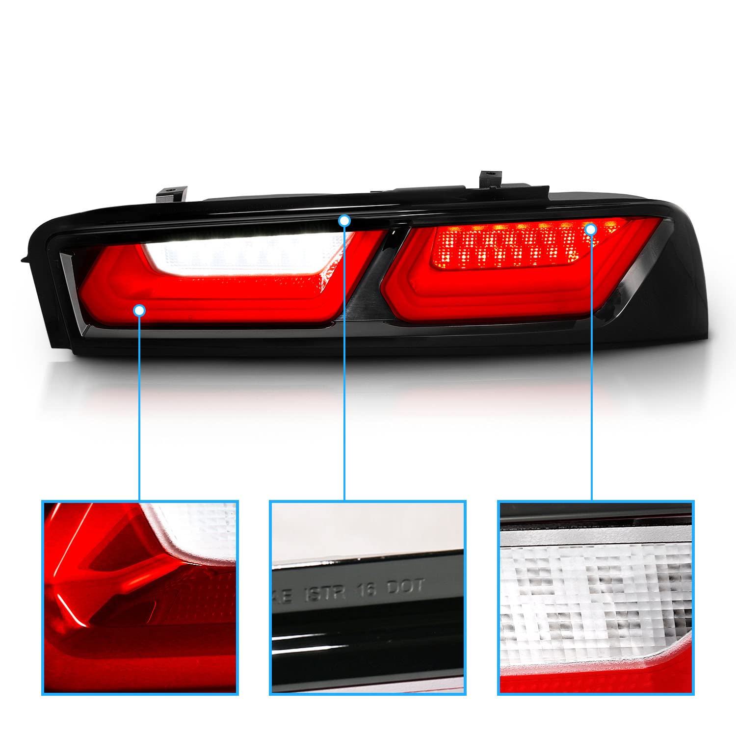 AmeriLite for 2016-2018 Chevy Camaro LED Tube Dual Square Projectors Black Replacement Headlights Assembly Set - Driver and Passenger Side