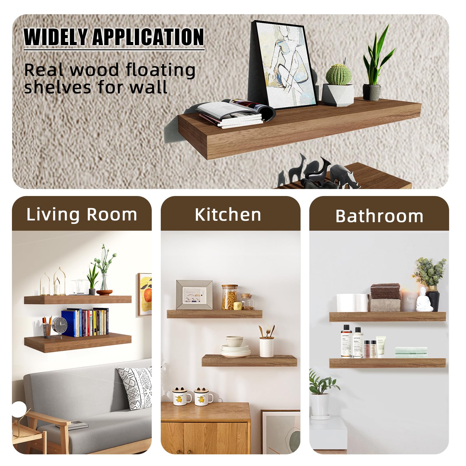 Beneouya 24 Inch Floating Shelves, Bathroom Wooden Shelves for Wall Mounted, Rustic Farmhouse Floating Shelves, Solid Wood Wall Shelves for Storage, Set of 2,White