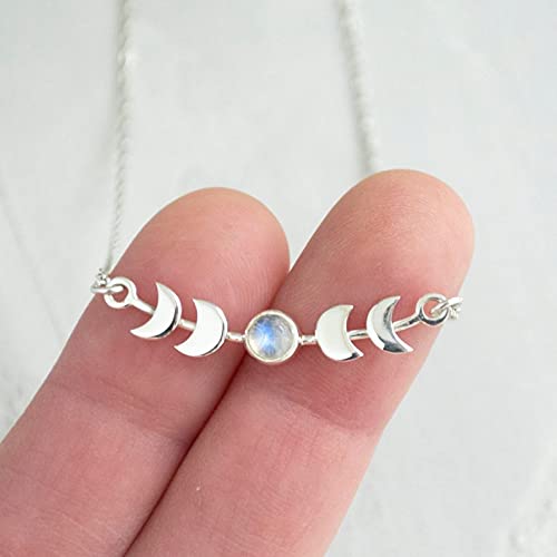Angol Genuine Moonstone Necklace Sterling Silver Moon Phase Necklace Triple Goddess Moonstone Pendant Minimalist Necklace for Women(Silver)