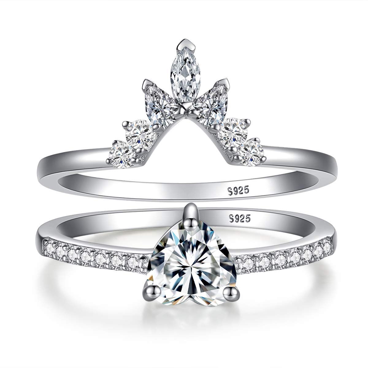 Angol Heart Wedding Ring Set for Women 925 Sterling Silver Wedding Bridal Set Engagement Anniversary Valentines Day Gift for Her Cubic Zirconia Diamond Crown Ring with Box Size 7