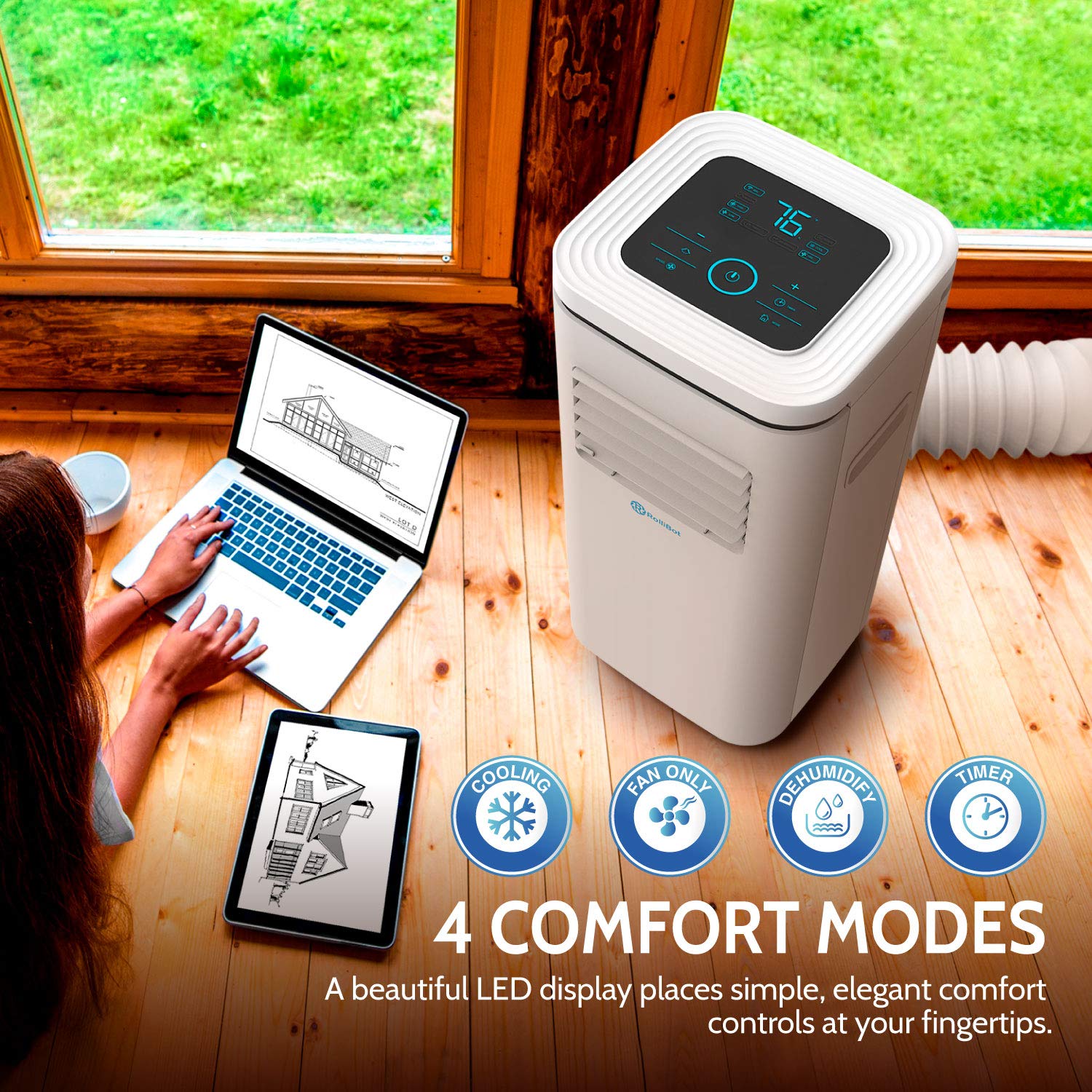 Alexa Voice-Enabled ROLLICOOL Smart Portable Air Conditioner 10,000 BTU Quiet AC Unit with Built-in Dehumidifier and Fan Modes, Mobile App and Easy Install Window Mount Kit, For Rooms up to 375 sq ft