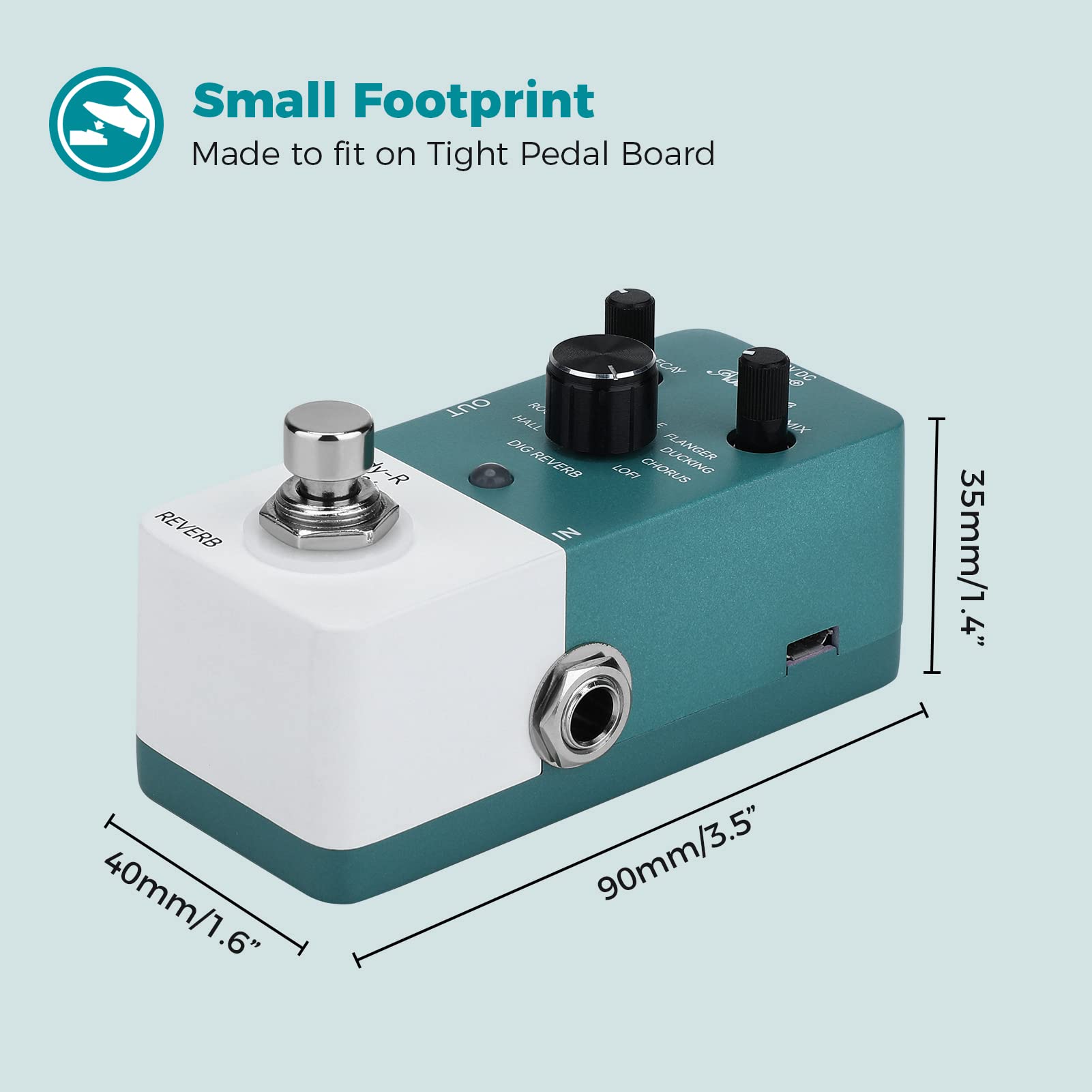 Asmuse Mini Reverb Guitar Pedal, Stereo Digital Effects Small Pedal, 9 Reverb Effects - Hall, Room, Plate, Echo, Tile, Flanger, Ducking, Chorus, Lofi, True Bypass, USB or 9V Power Supply