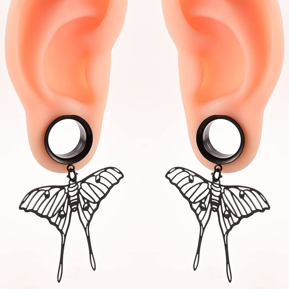 Atomhole 2PCS Butterfly Pendant Ear Plugs Tunnels Hypoallergenic Ear Gauges 316 Stainless Steel Ear Expander Stretcher Earrings Piercing Body Jewelry 2g-1" (6mm-25mm)