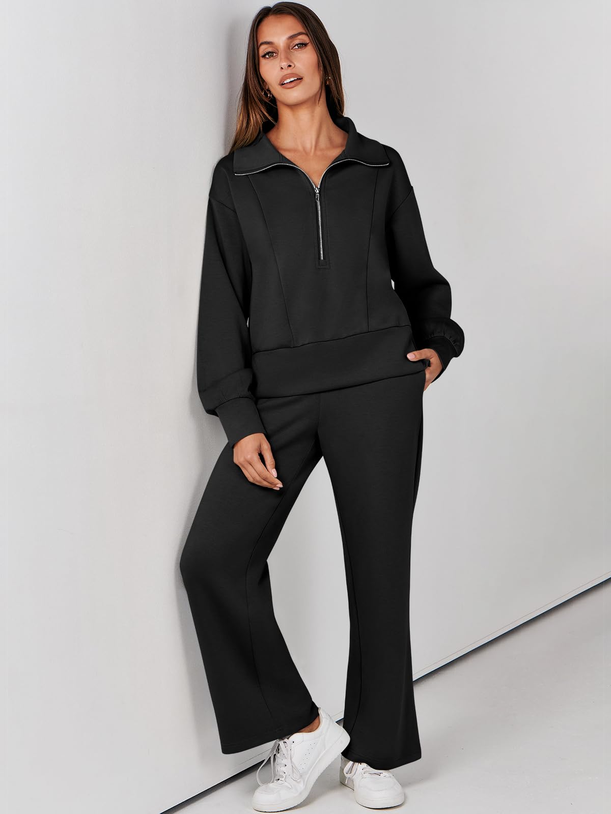 ANRABESS Womens Two Piece Outfits 2024 Fall Sweatsuit Set Half Zip Cropped Sweatshirt Wide Leg Sweatpant Lounge Set Black Medium