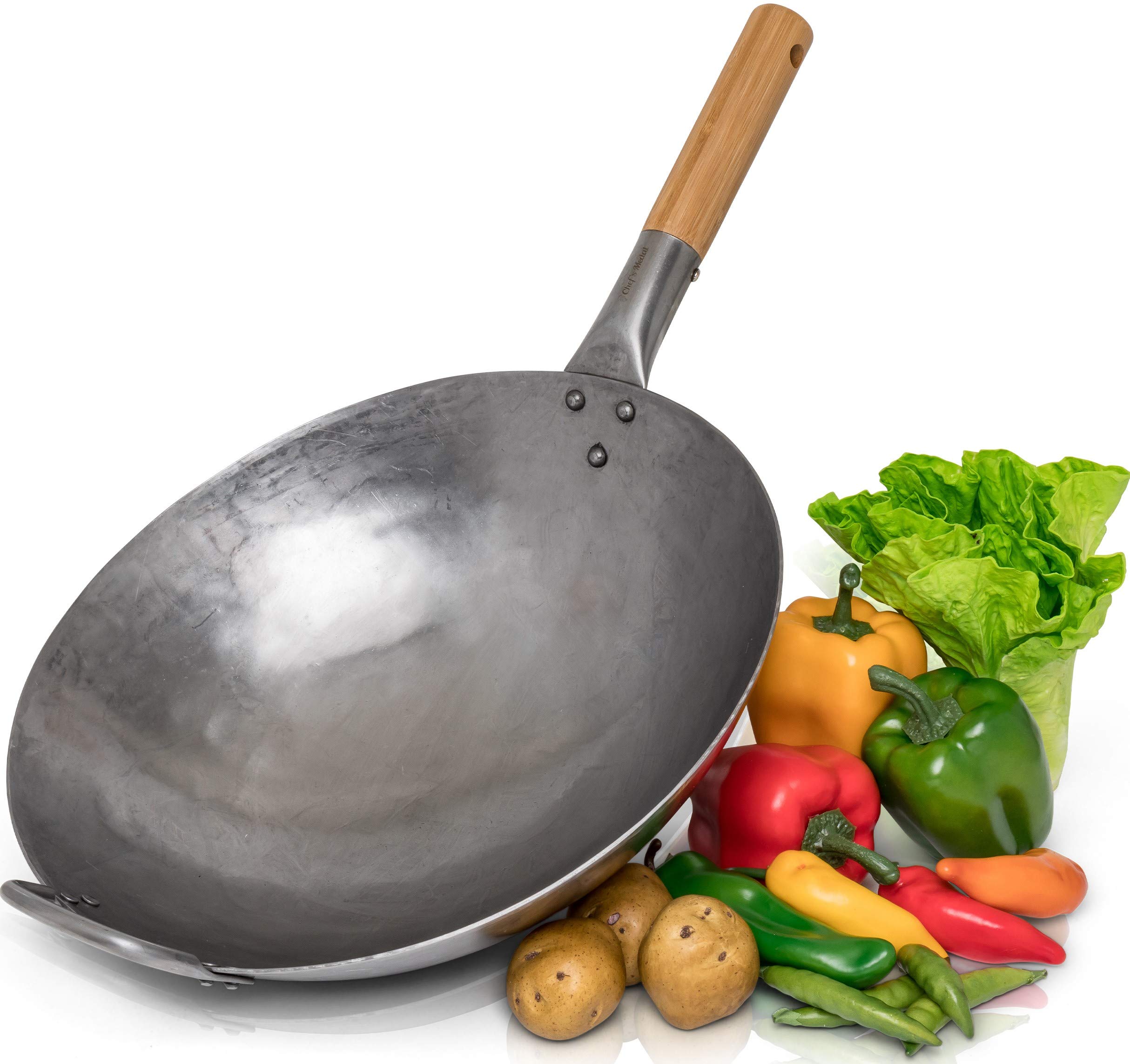 Chef's Medal Traditional Hand Hammered Carbon Steel Pow Wok with Bamboo and Steel Helper Handle - 14 Inch, Round Bottom