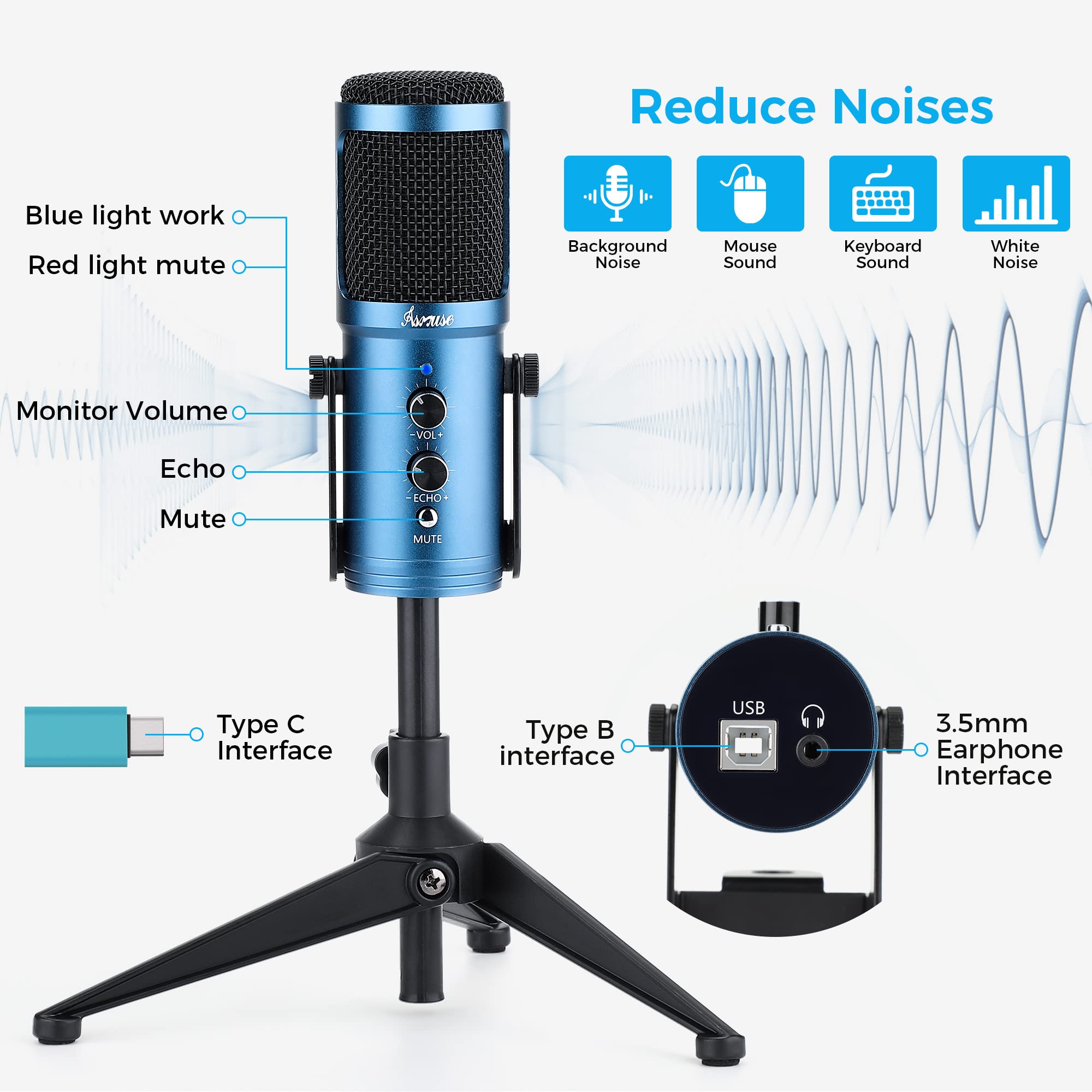 Asmuse USB Microphone Kit, Condenser Microphone with Tripod Stand, 192kHz/24bit Studio Quality Recording for Streaming, Broadcasting, YouTube, Laptop