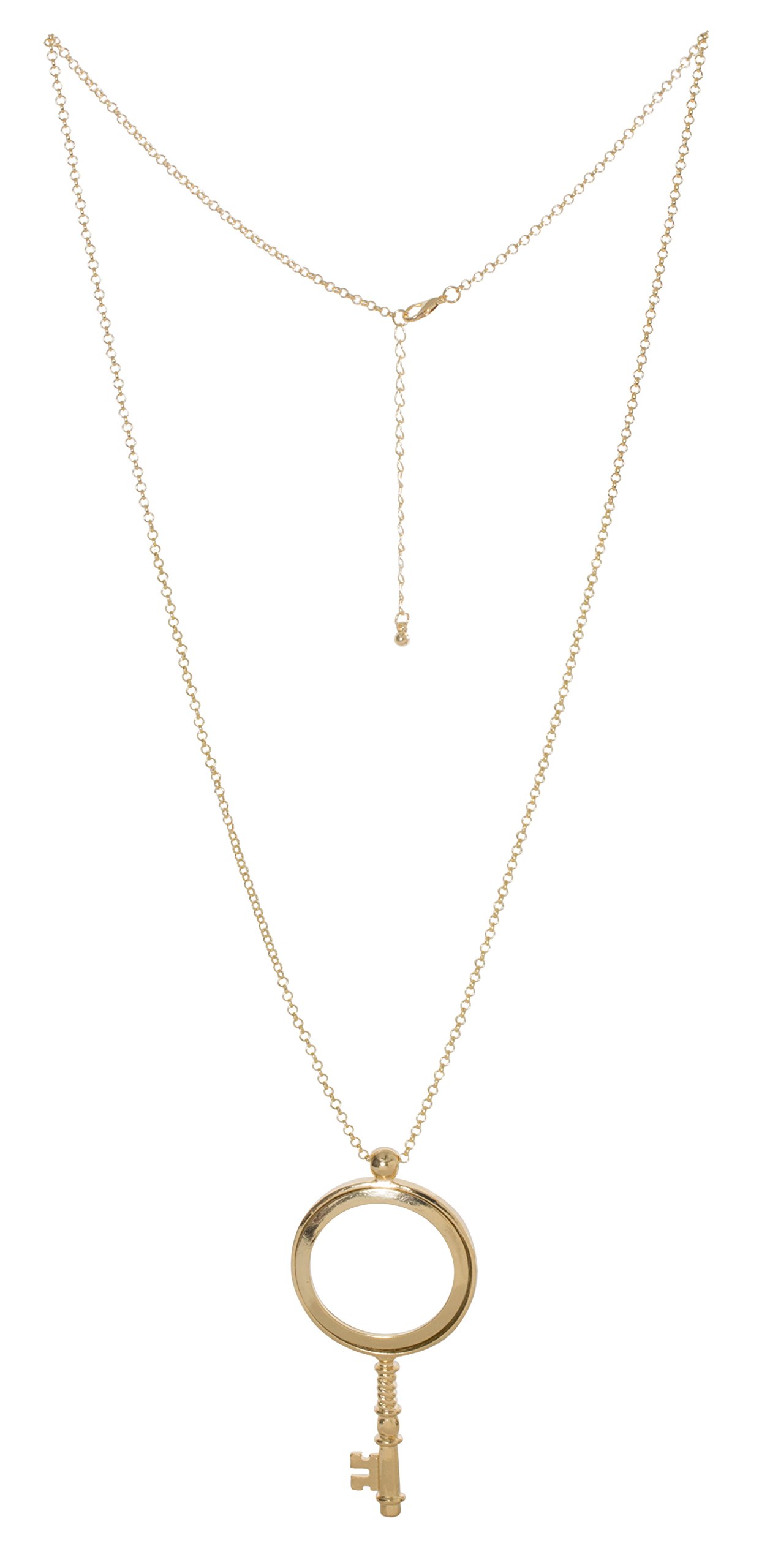 Antique Key 4x Magnifying Glass Pendant Necklace with 30" Chain (Gold Tone)