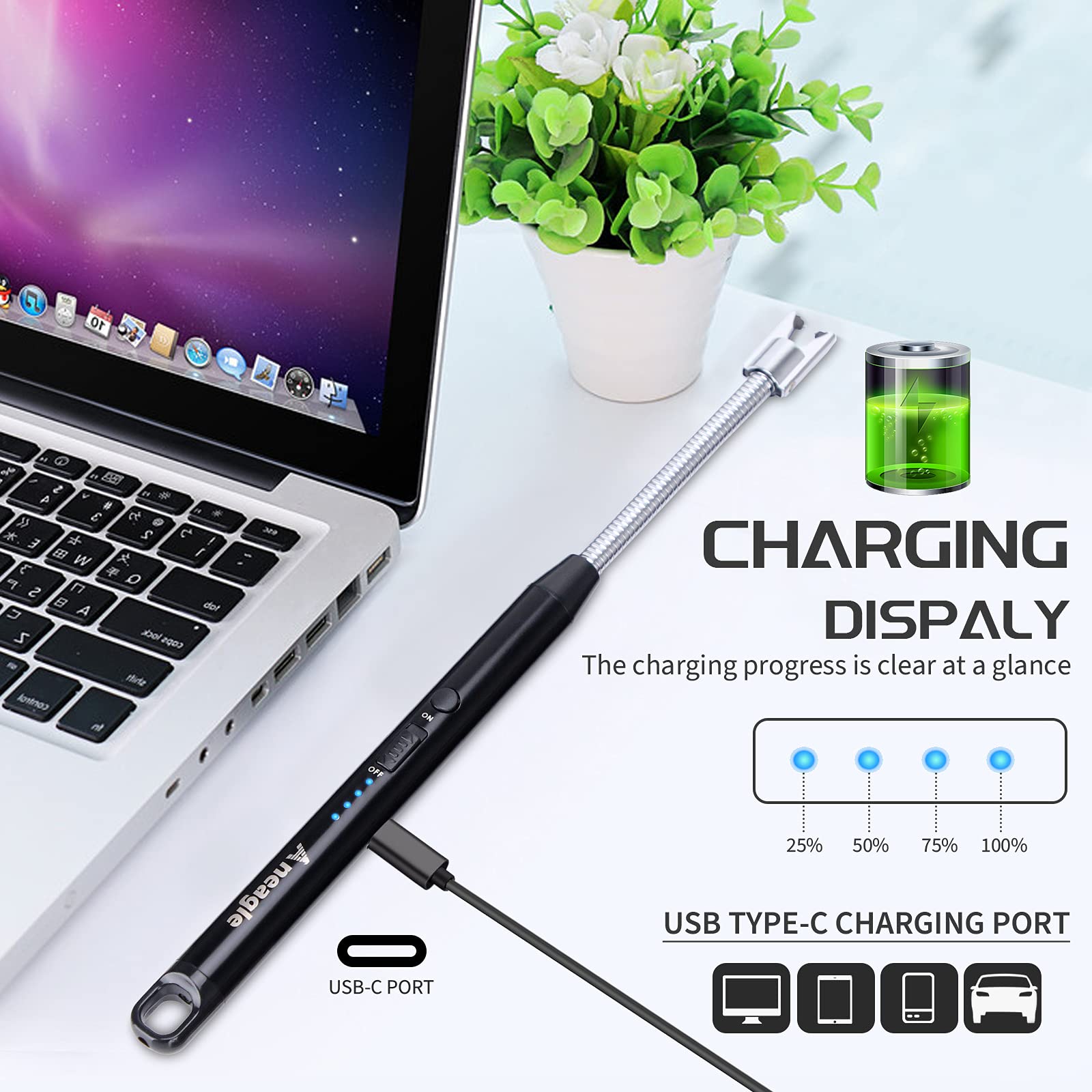 Aneagle Candle Lighter Rechargeable 2 packs Electric Arc Lighter for Candles with Led Battery Display Screen and Long Flexible Neck USB are Applied to Light Candle Cooking Fireworks Flame