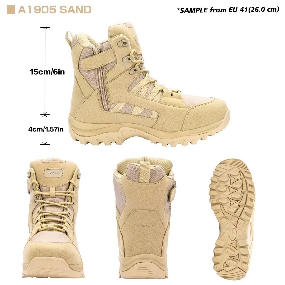 Ansbowey Mens 6" YKK Side Zip Hiking Boots Outdoor Trekking Backpacking Boot Mid Top Hiker Boot for Men Brown Sand 13 US