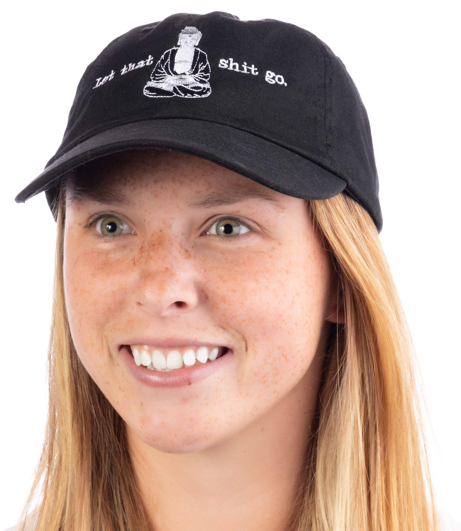 Ann Arbor T-shirt Co. Let That Sh*t Go | Funny Zen Buddha Yoga Mindfulness Peace Hippy Women Men Baseball Cap Dad Hat-(Black)