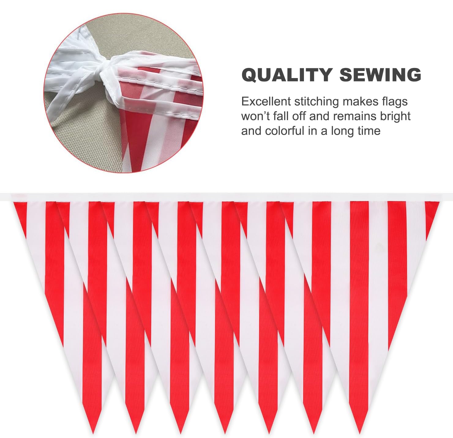 Red & White Striped Pennant Banners, Reusable Polyester Cloth Flags for Carnival Circus Party Decorations, Birthday Celebrations, Tent Camping (30 Feet - 21 Large Flags)