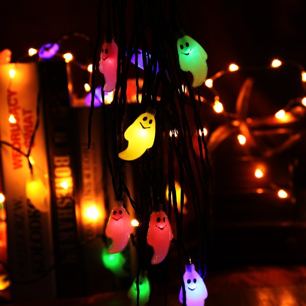 DINOWIN Halloween Ghosts Lights, Solar Ghost String 16ft 20 LED Ghost Fairy String Lights Waterproof for Home Indoor Garden Lawn Patio Trees Weddings (Multicolor)