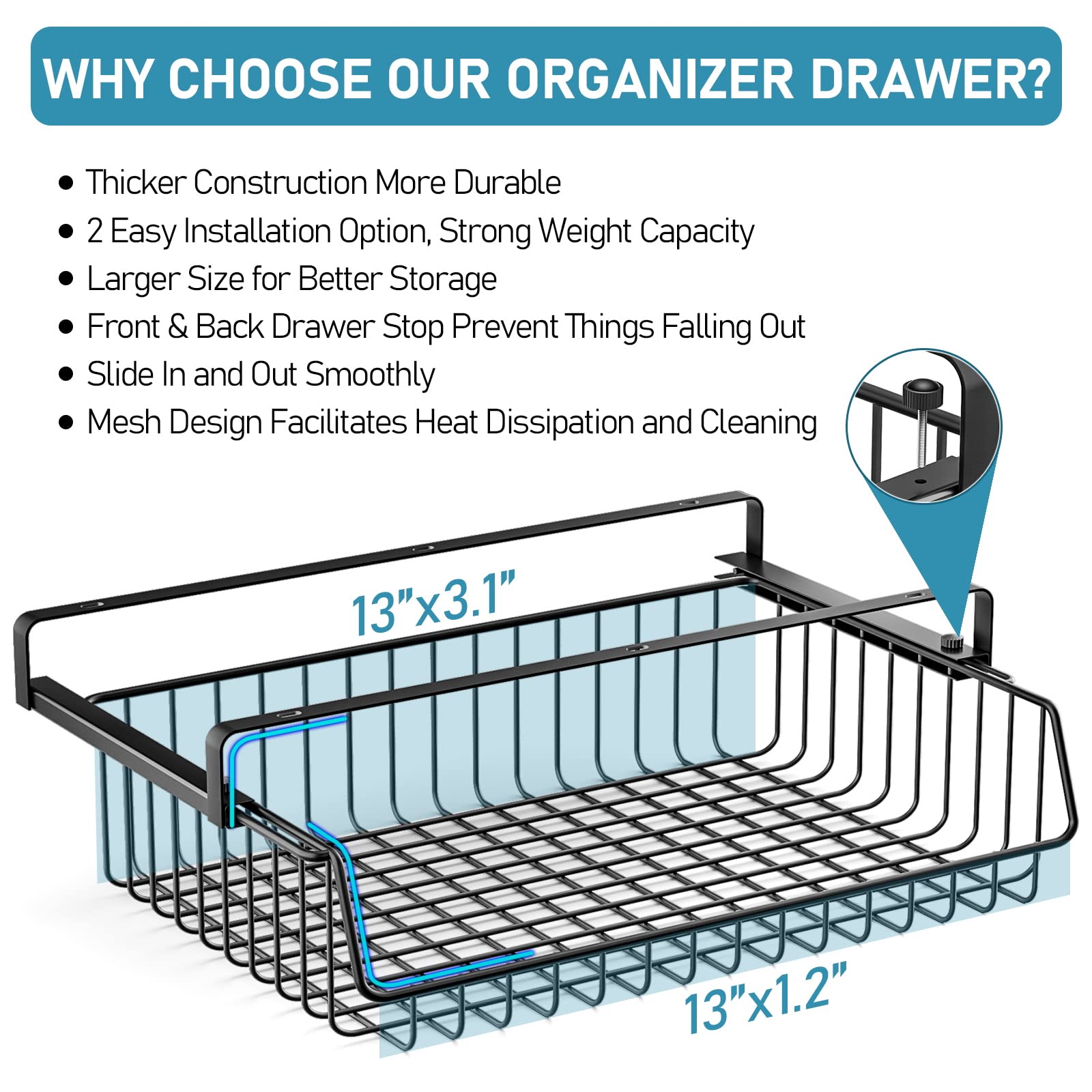ADWOLT Under Desk Storage Shelf Drawer 1 Pack No Drill Metal Table Cable Basket Drawer Slide Out for Storing Extension Cords,Set Top Box,Under Desk Cable Management Organizer Rack for Home