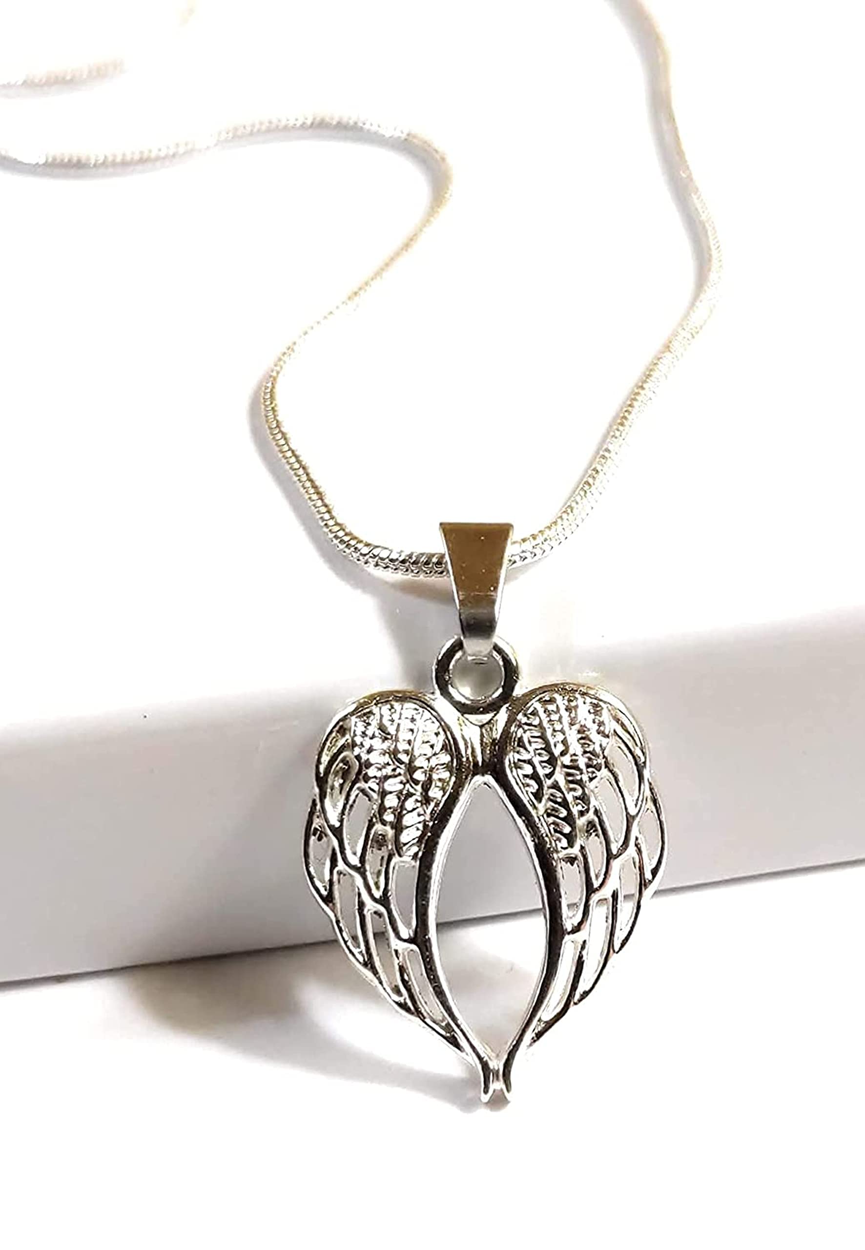 Angel Wing Heart Pendant Necklace Guardian Angel Silver Plated Snake Chain 20 Inch Gift Boxed Jewelry
