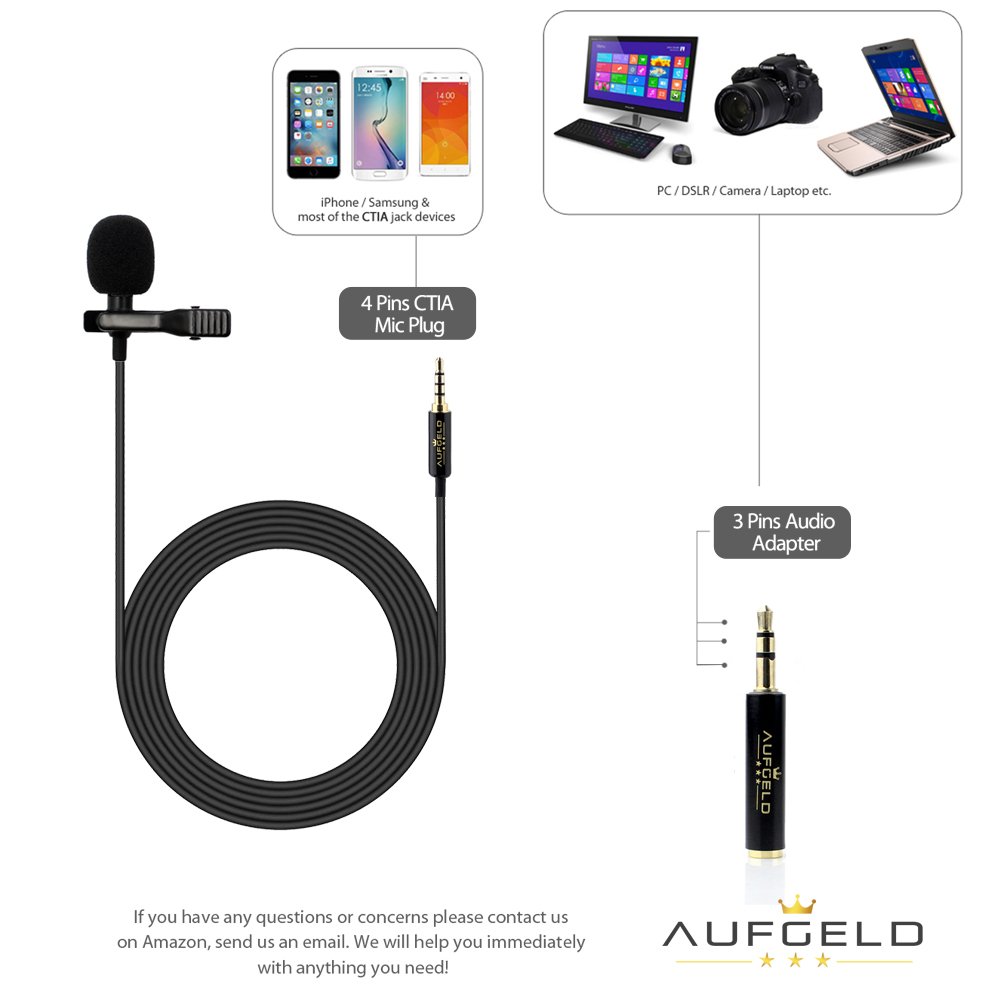 AUFGELD Professional Lavalier Microphone Lapel Mic Omnidirectional Condenser Compatible with iPhone Android Windows Cellphones Clip On Interview Video Voice Podcast Noise Cancelling Mic Vlogger