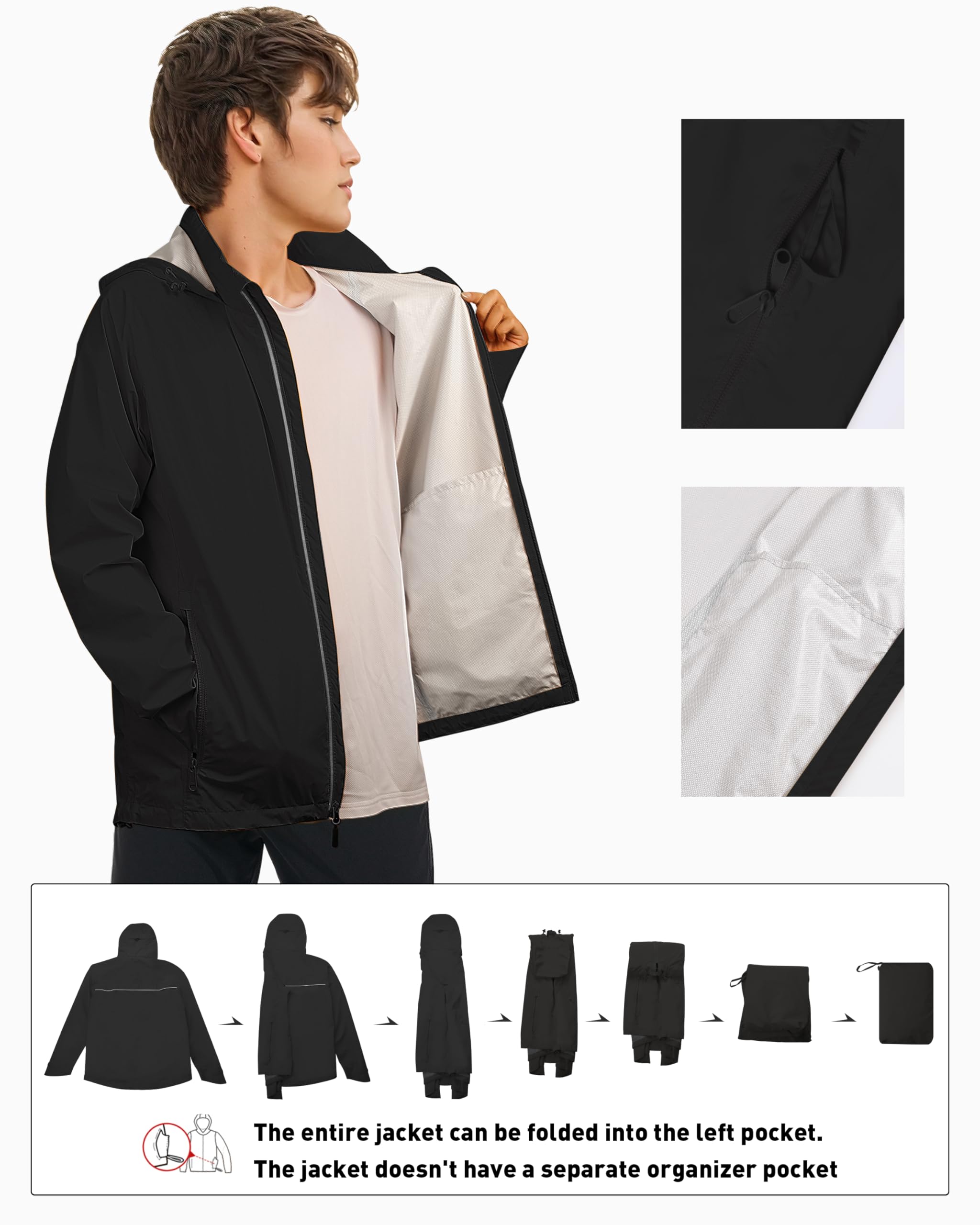 ATLASLAVA Men's Packable Rain Jackets Lightweight Waterproof Reflective Windbreaker Coat with Hood Cycling Running Golf Black 3XL