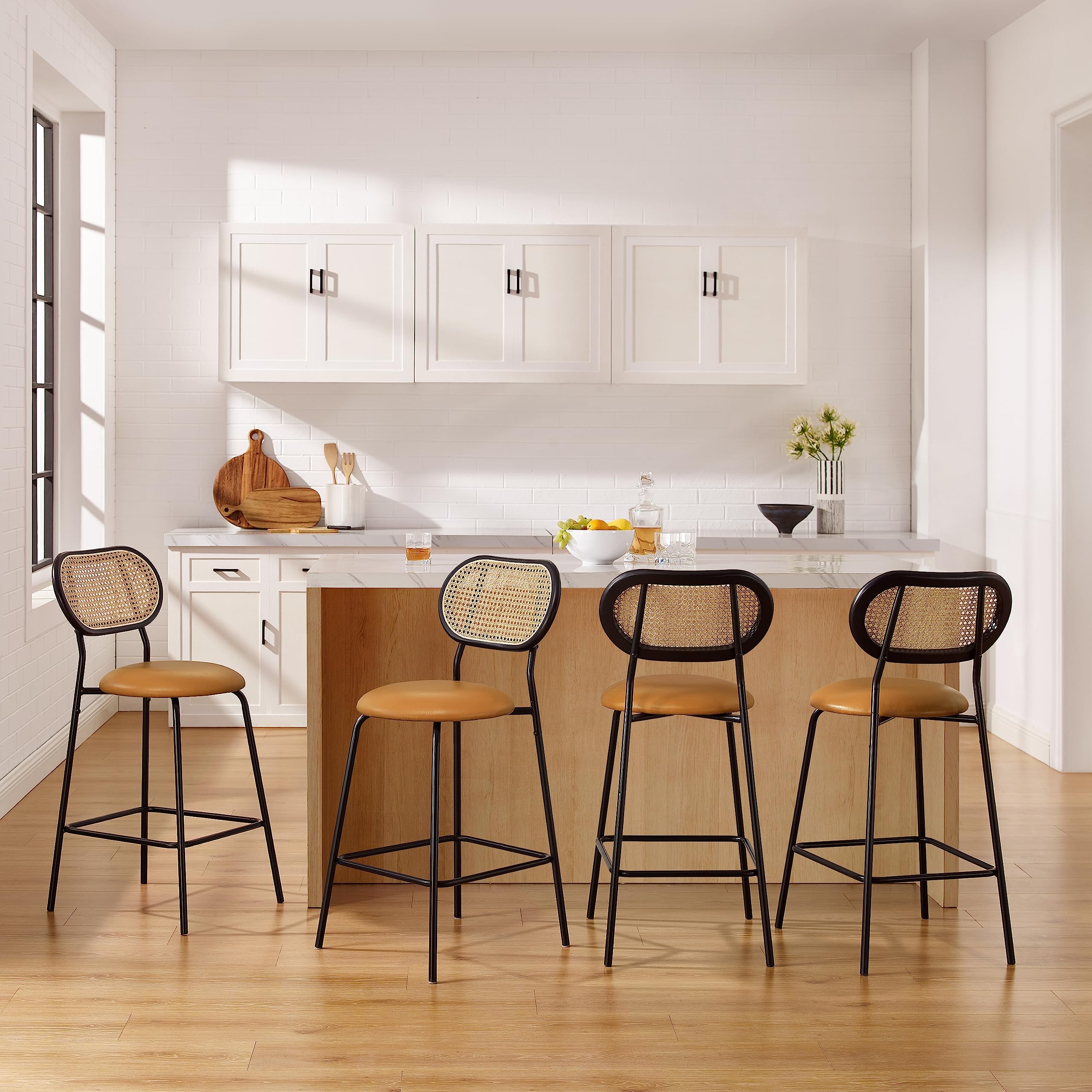 Art Leon Rattan Bar Stools Set of 4, Oak Back Frame, Modern 26 Inch Counter Height Barstools, Faux Leather Upholstered Bar Chairs, Armless Kitchen Chairs with Rattan Backrest Metal Legs, Black